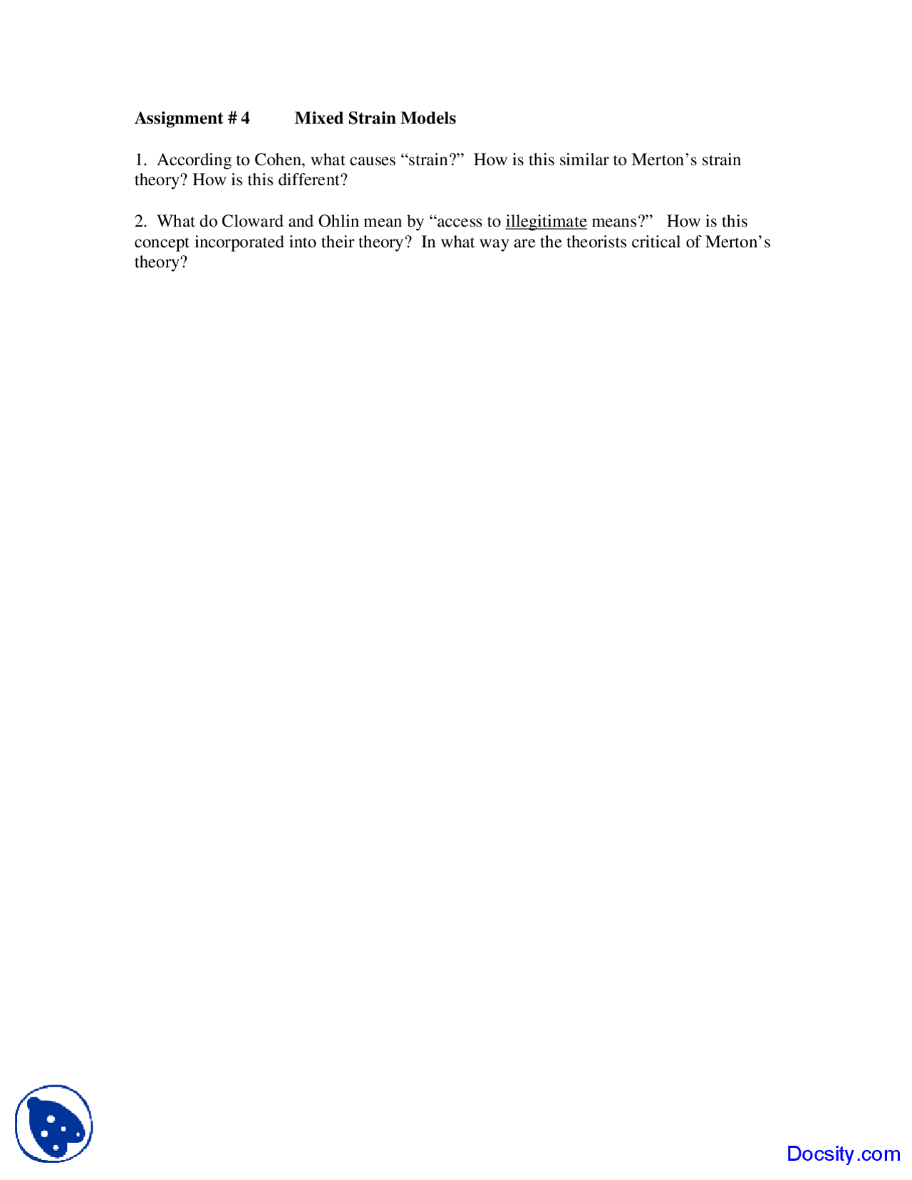 Mixed Strain Models Criminological Theory Assignment Docsity