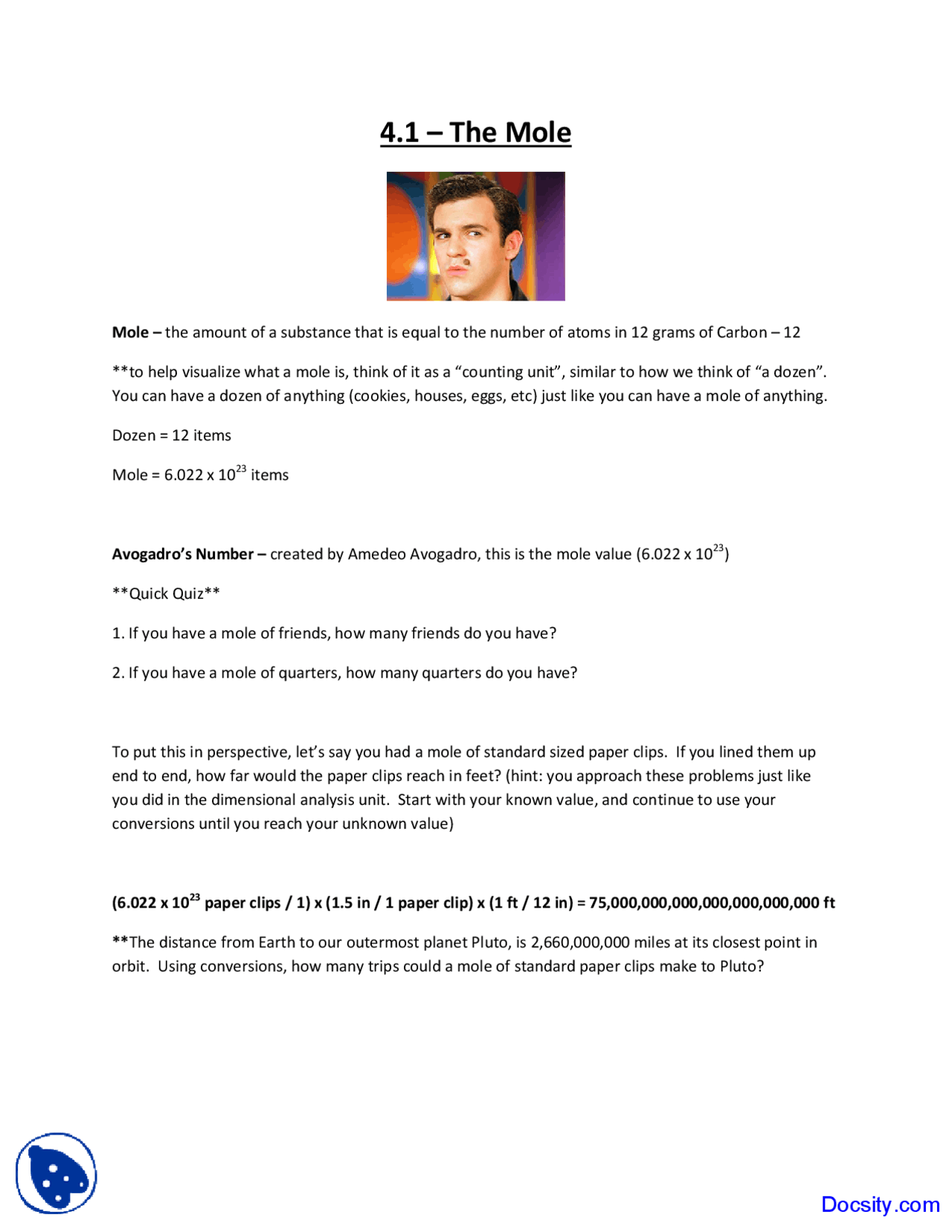 Mole - General Chemistry - Assignment - Docsity