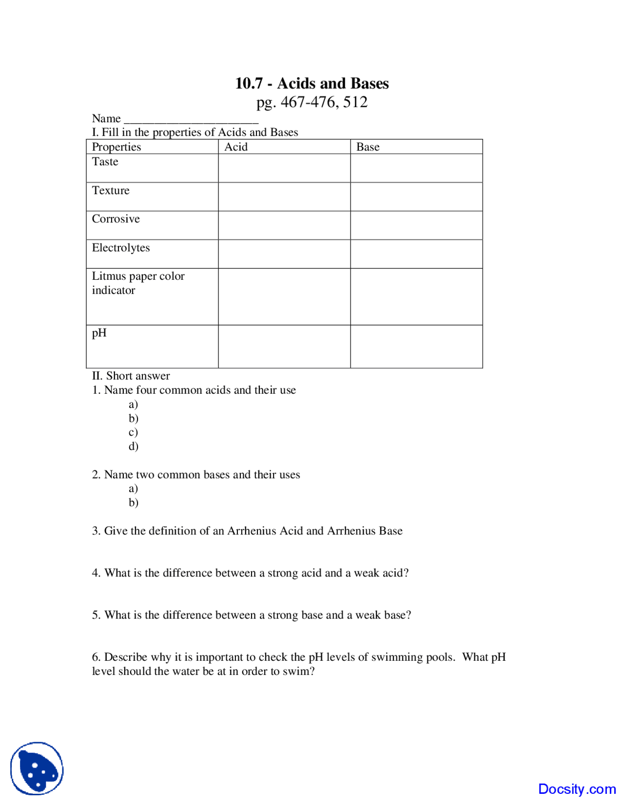 Acids and Bases - General Chemistry - Quiz - Docsity