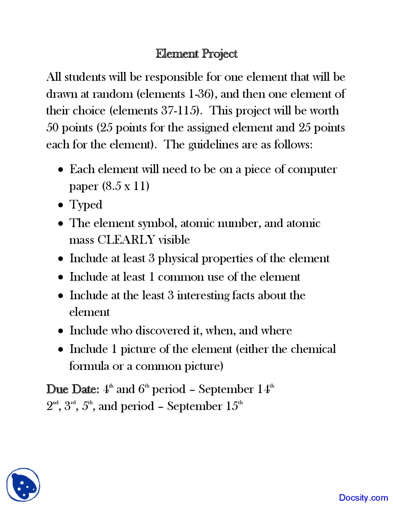 Element Project - General Chemistry - Assignment | Exercises Chemistry ...