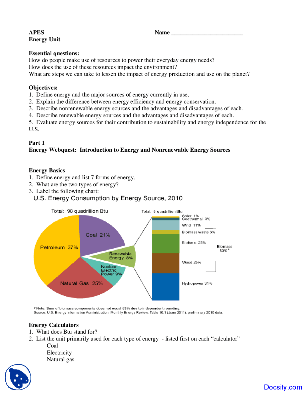 Energy Unit - Environmental Science - Lecture Notes | Study notes ...