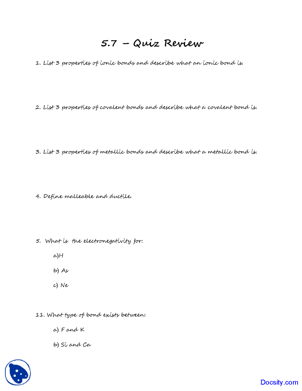 Properties Of Ionic Bonds General Chemistry Quiz Exercises