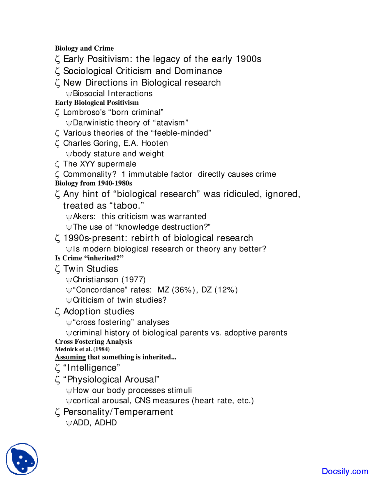 Biology And Crime Criminological Theory Lecture Notes Docsity