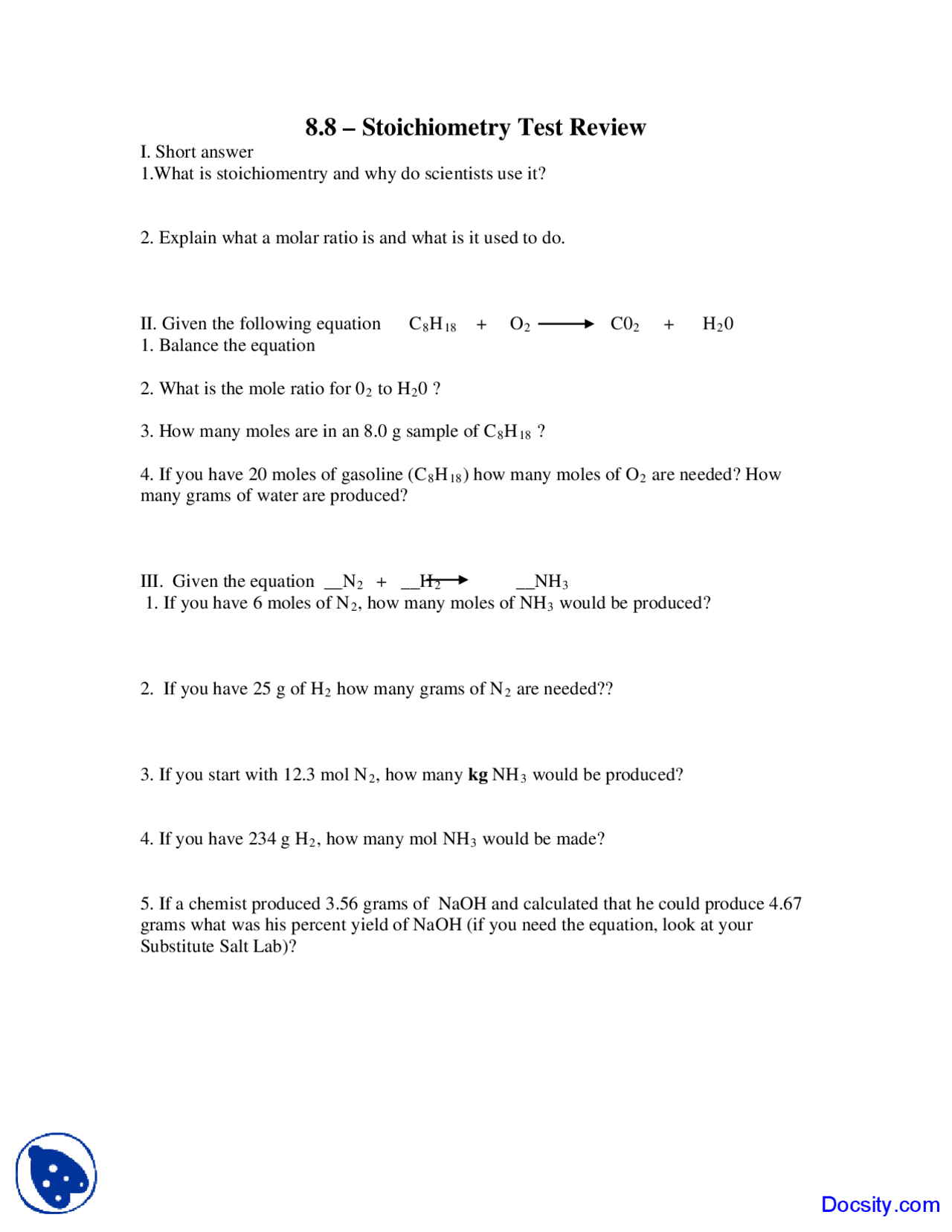 Stoichiometry - General Chemistry - Quiz - Docsity