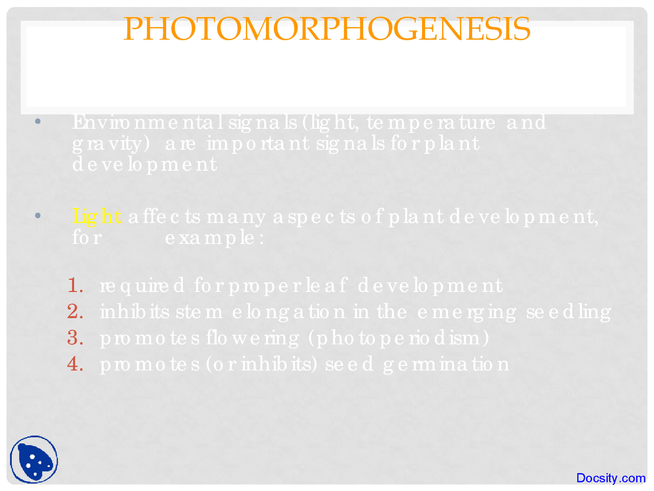 Photomorphogenesis - Plant Molecular Biology - Lecture Slides - Docsity
