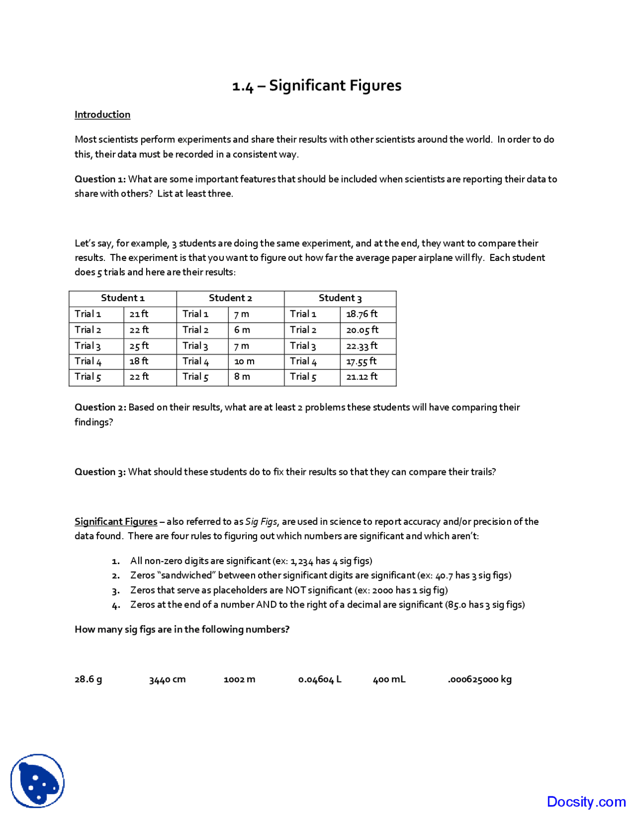 Significant Figures - General Chemistry - Quiz - Docsity