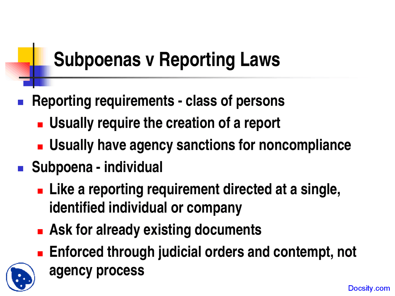 Subpoenas Vs Reporting Laws Administrative Law Lecture Slides Docsity