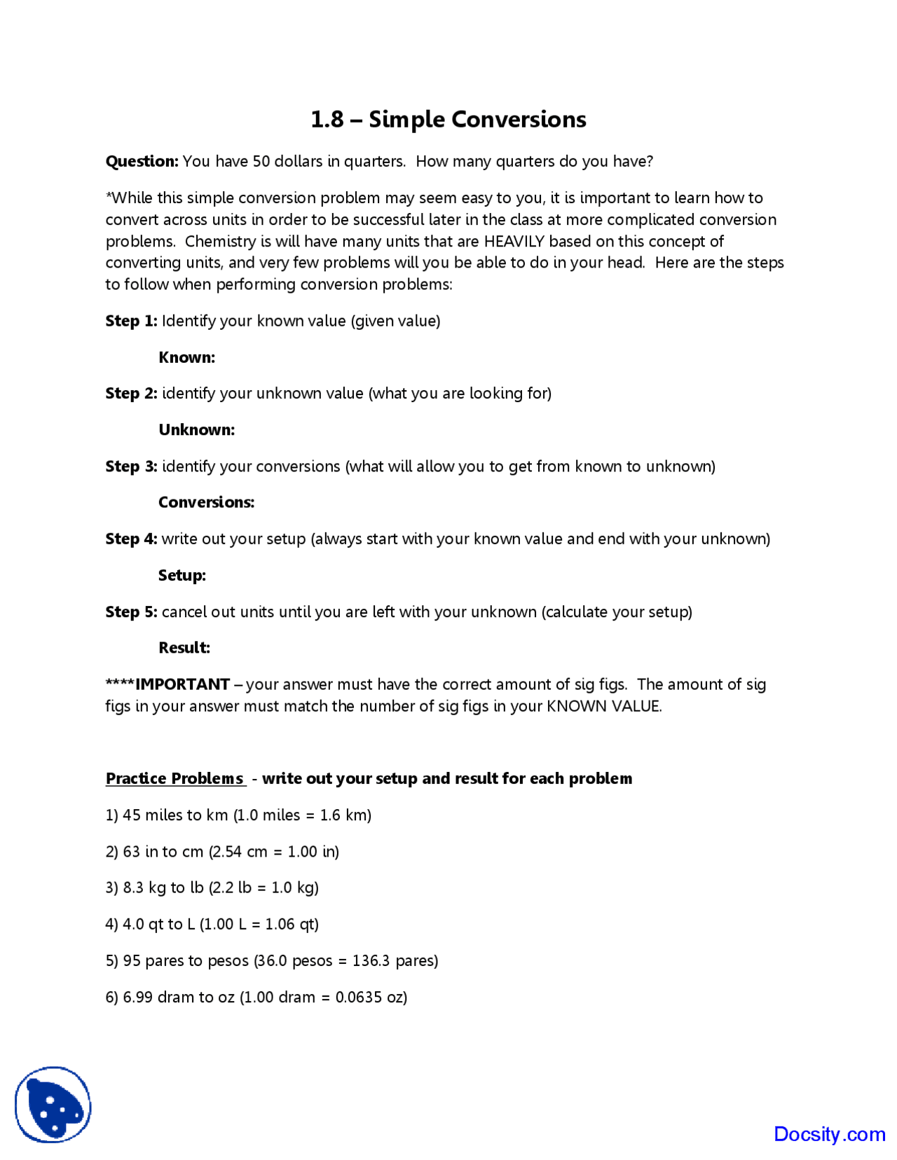 Simple Conversions - General Chemistry - Quiz | Exercises Chemistry ...