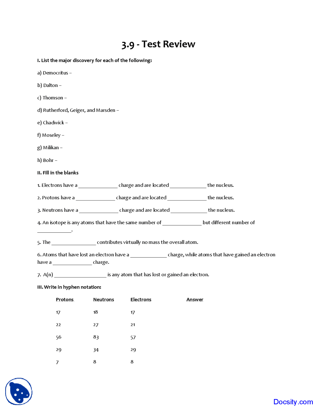 Democritus General Chemistry Quiz Exercises Chemistry Docsity