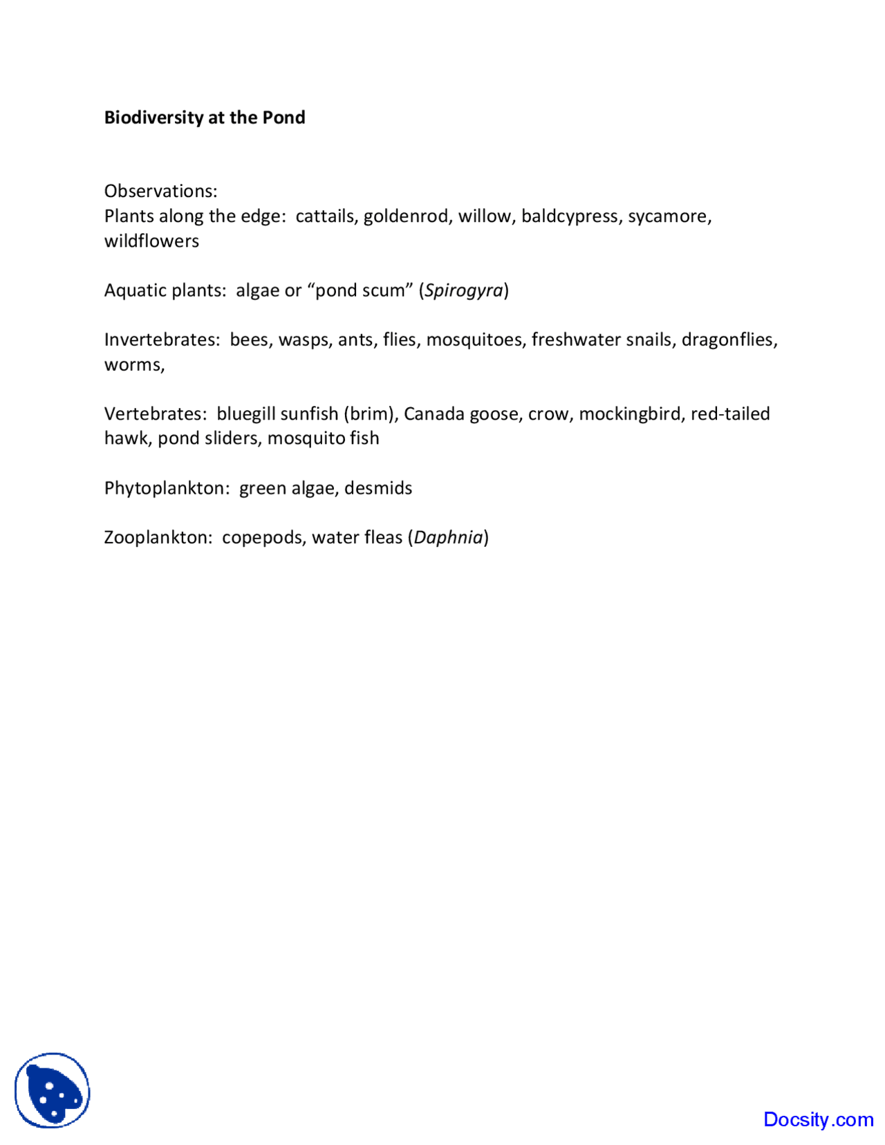 Biodiversity At The Pond Environmental Science Lecture Notes Docsity