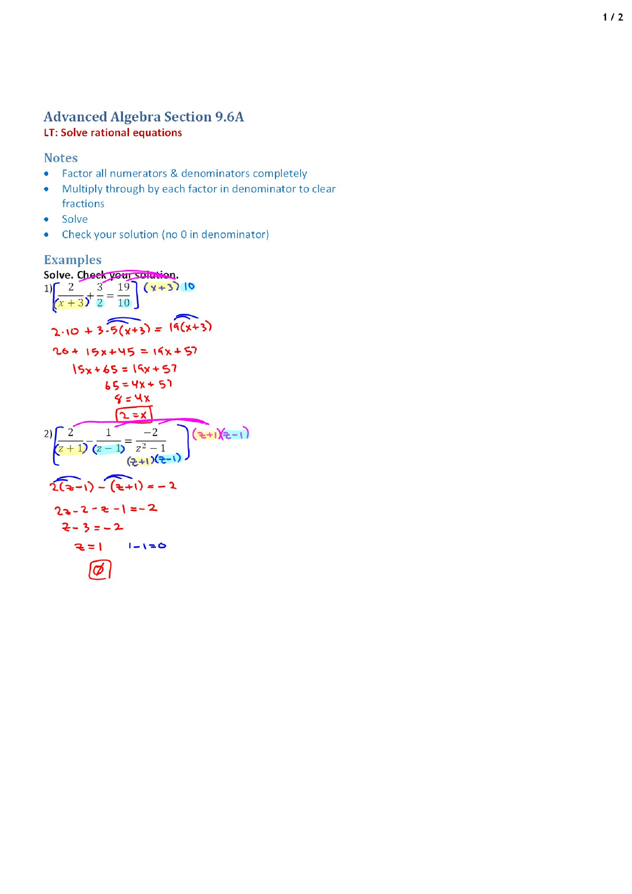 Zero Denominator Advanced Algebra Lecture Handout Docsity