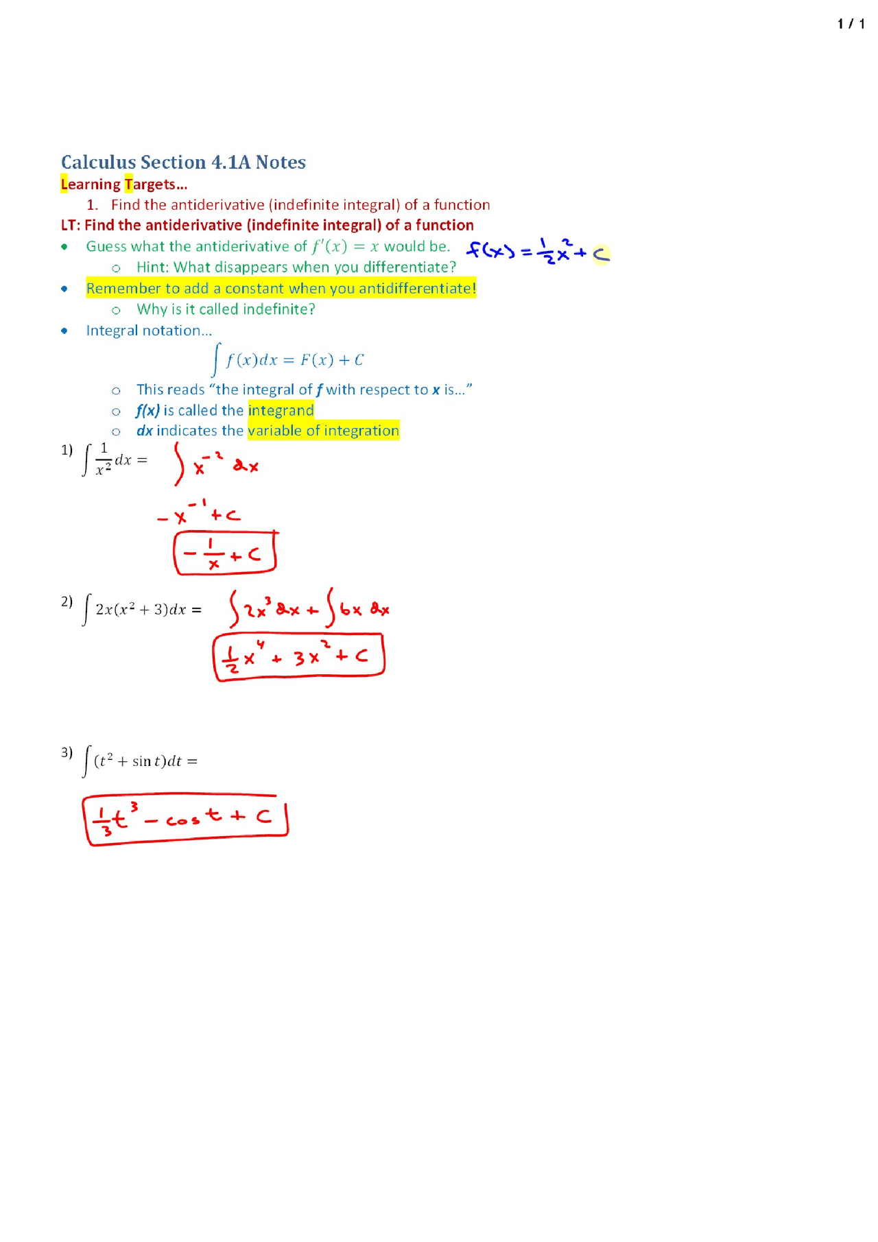 Type Of Integral Ap Calculus Lecture Notes Docsity
