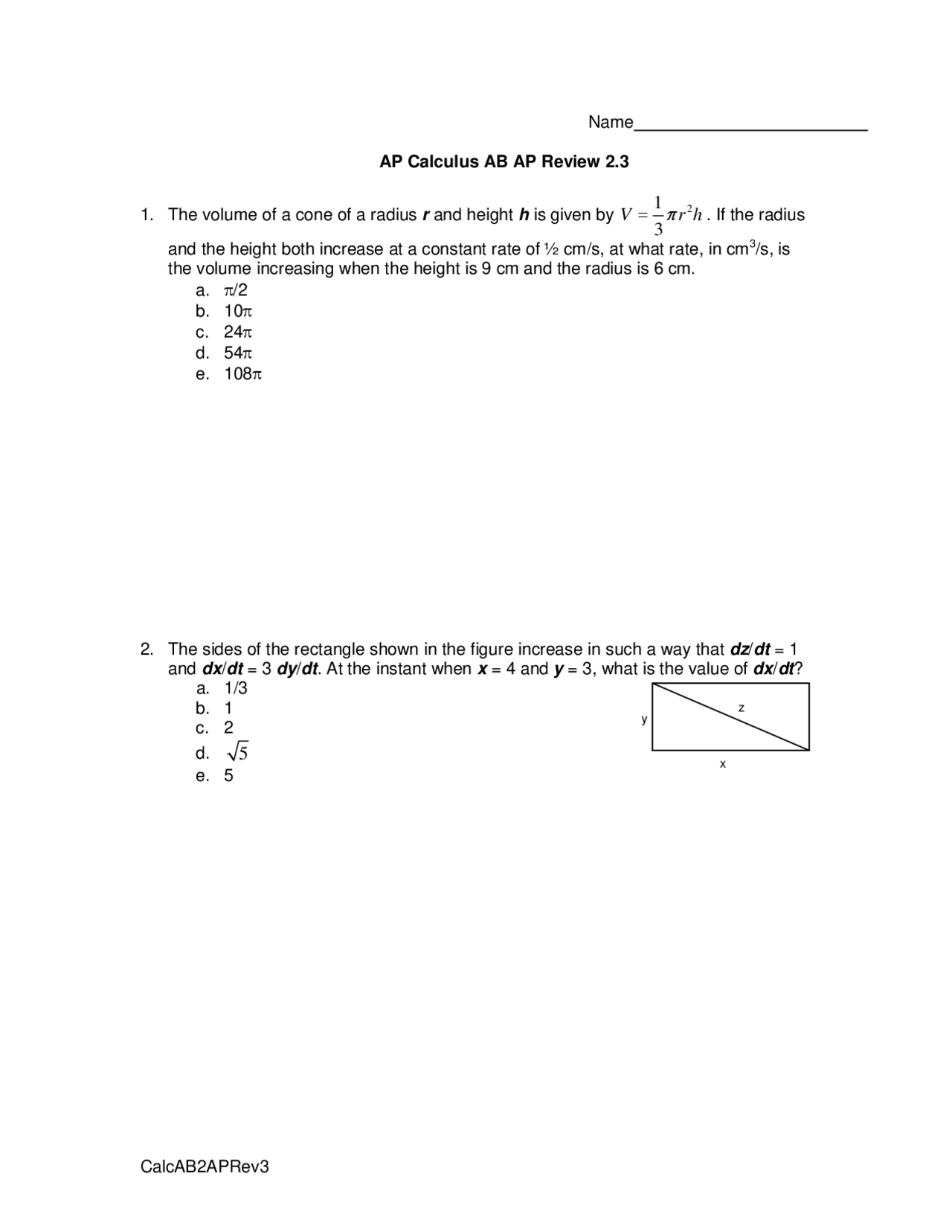 Cone Volume Ap Calculus Practices Problems Docsity