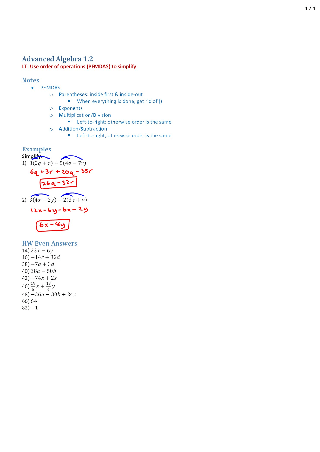 Pemdas Advanced Algebra Lecture Handout Docsity
