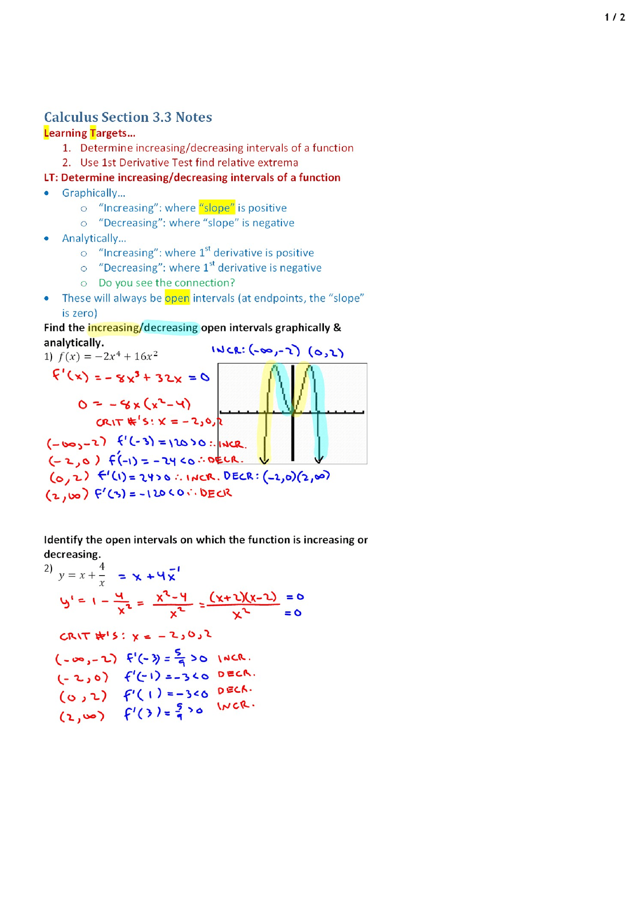 Increasing Intervals Ap Calculus Lecture Notes Docsity