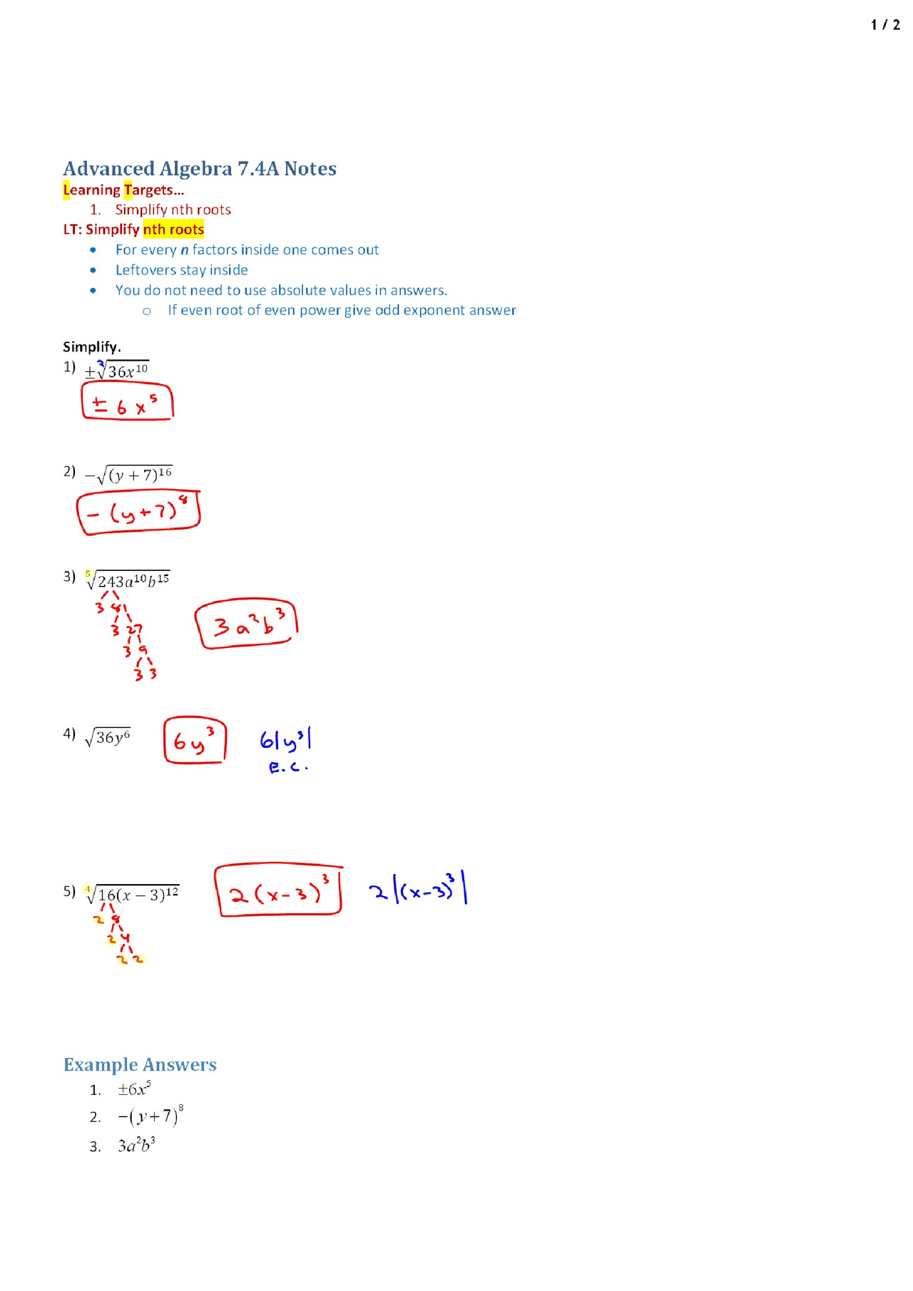 Nth Roots Advanced Algebra Lecture Handout Docsity