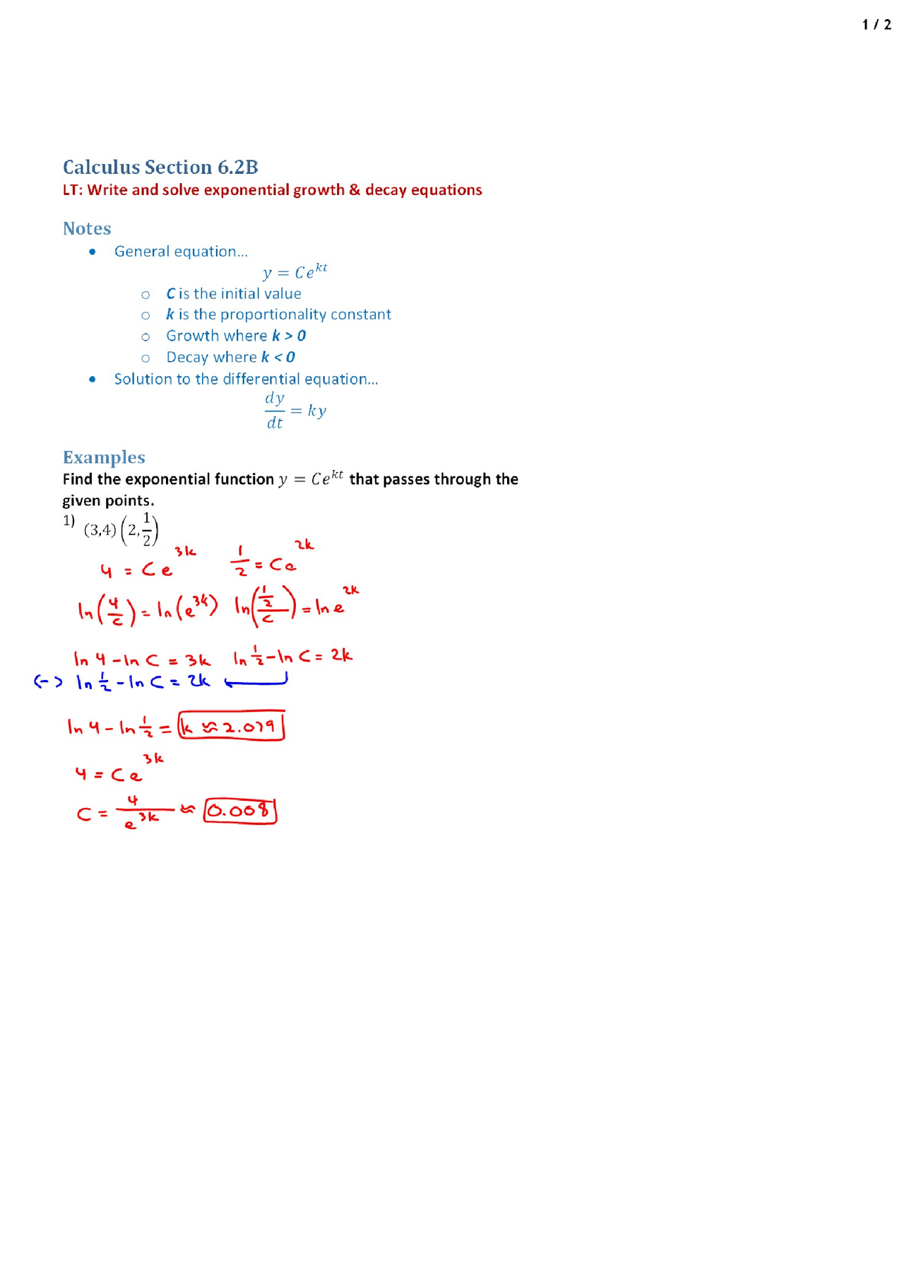 Decay Equations - AP Calculus - Lecture Notes - Docsity