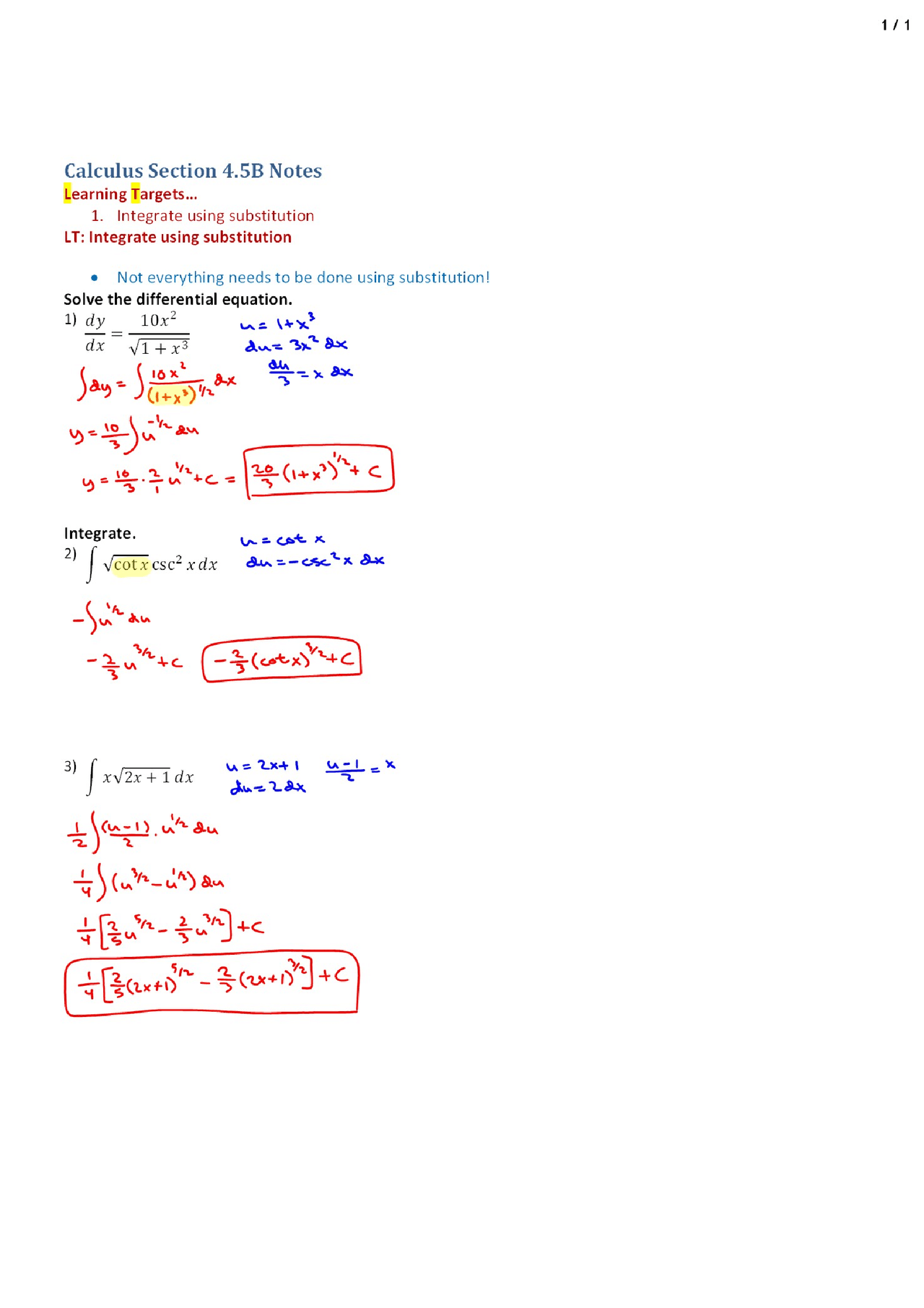 Integration By Substitution Ap Calculus Lecture Notes Docsity