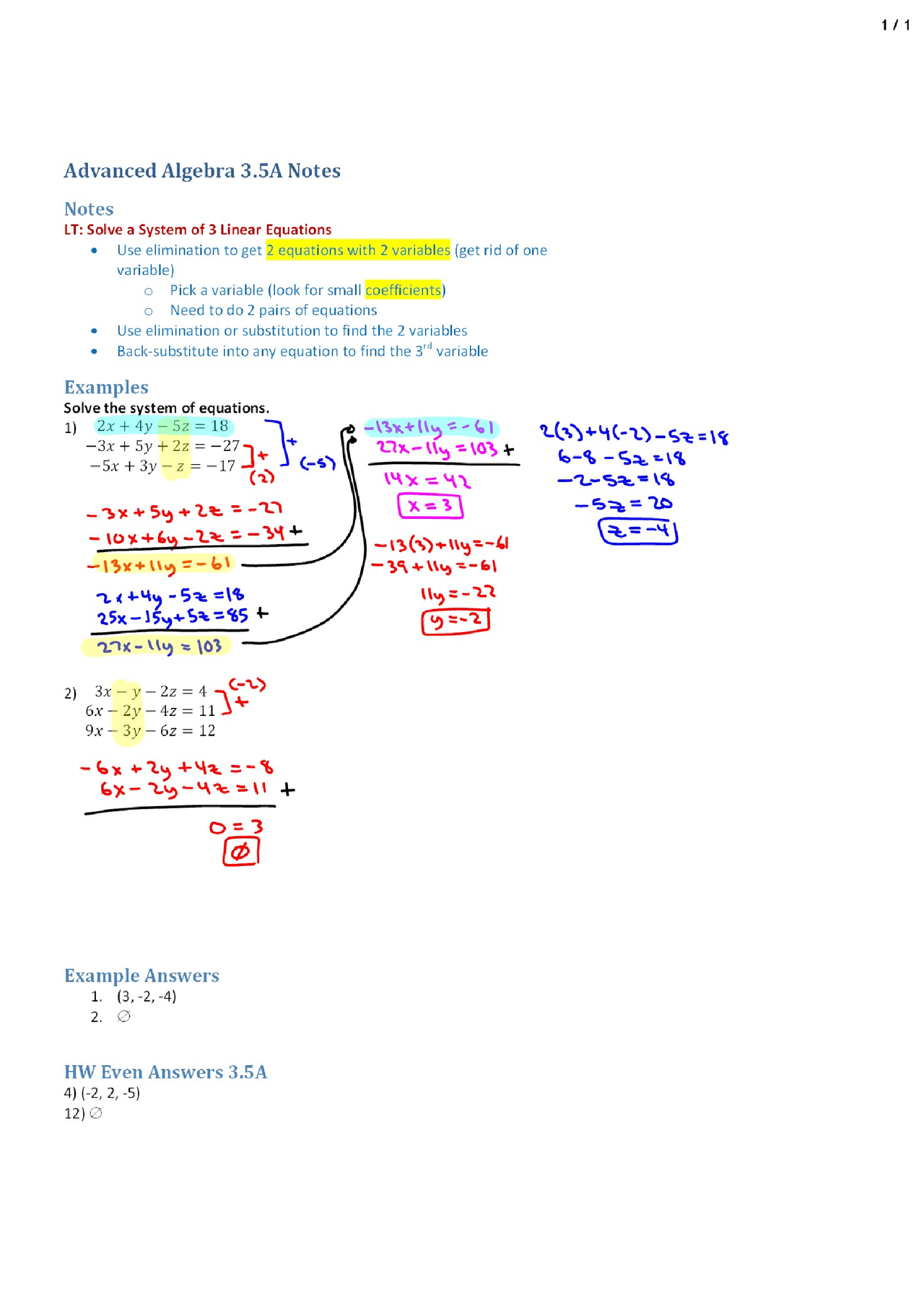 Using Eliminations Advanced Algebra Lecture Handout Docsity