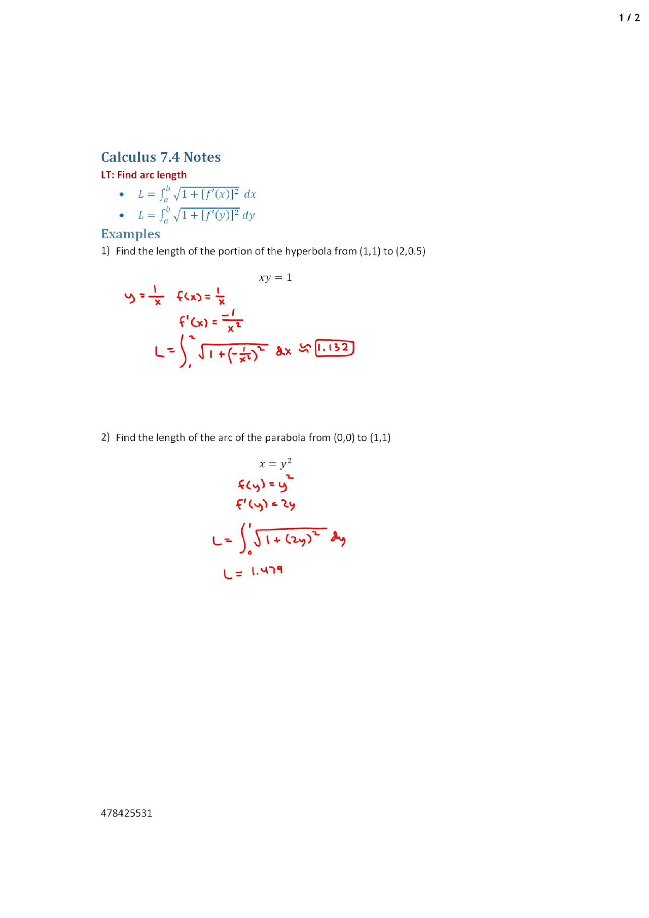 Arc Length - AP Calculus - Lecture Notes - Docsity
