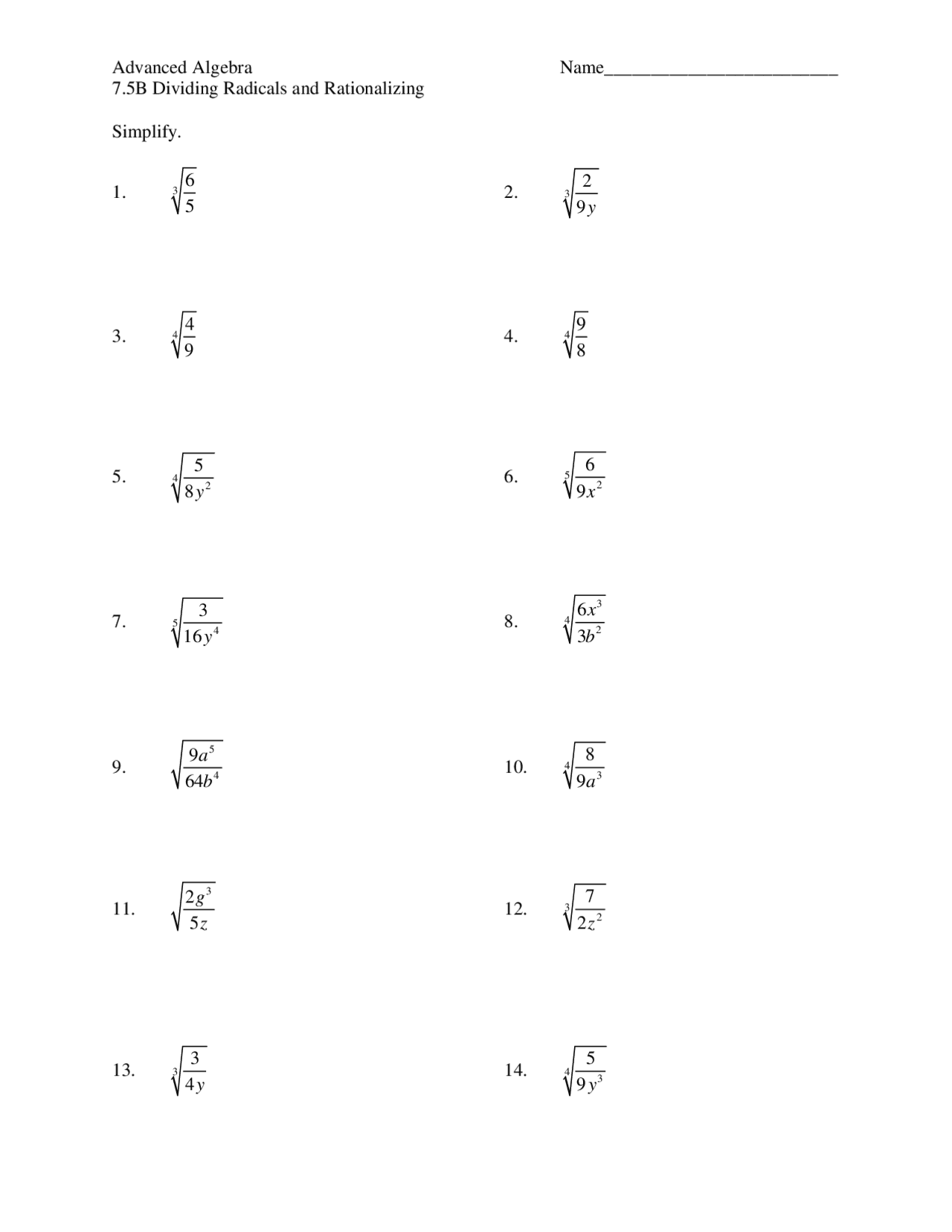 Radical Division Functions Advanced Algebra Practice Problems Docsity