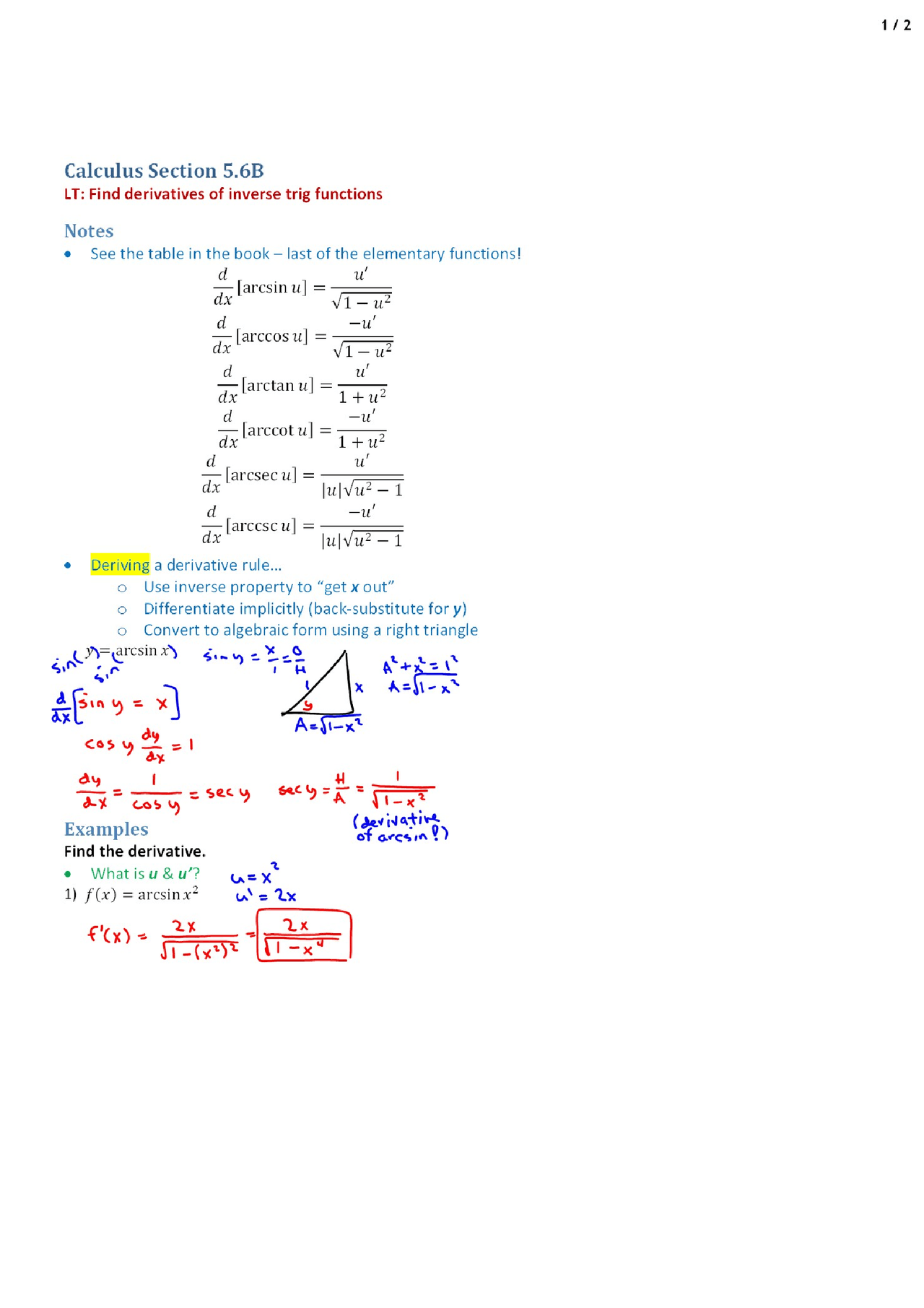 Inverse Trig Ap Calculus Lecture Notes Docsity