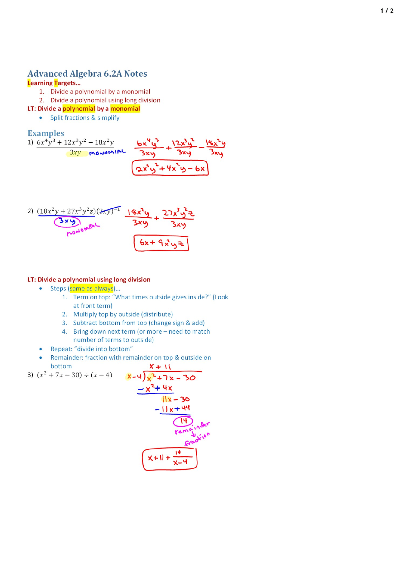 Monomial Problems Advanced Algebra Lecture Handout Docsity