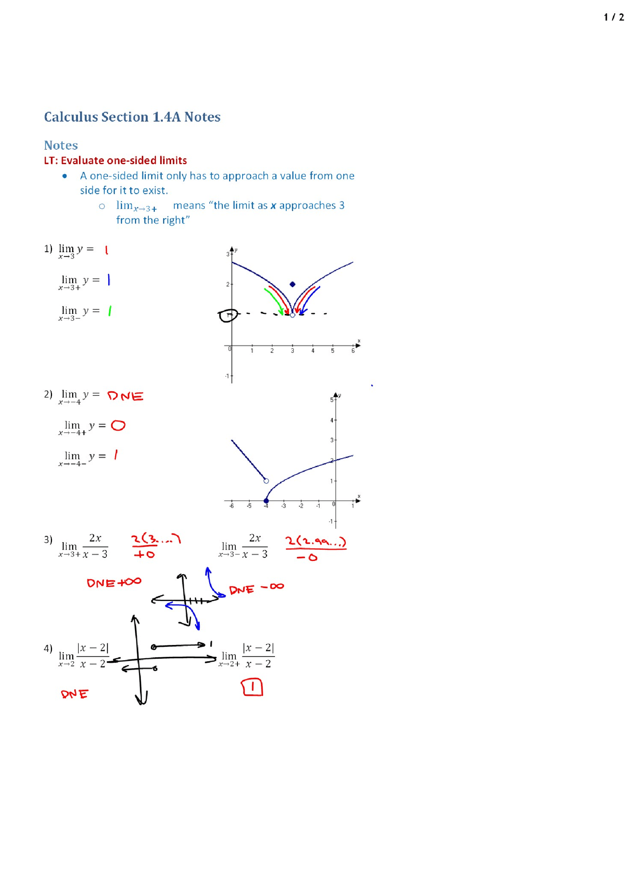 One Sided Limits Ap Calculus Lecture Notes Docsity