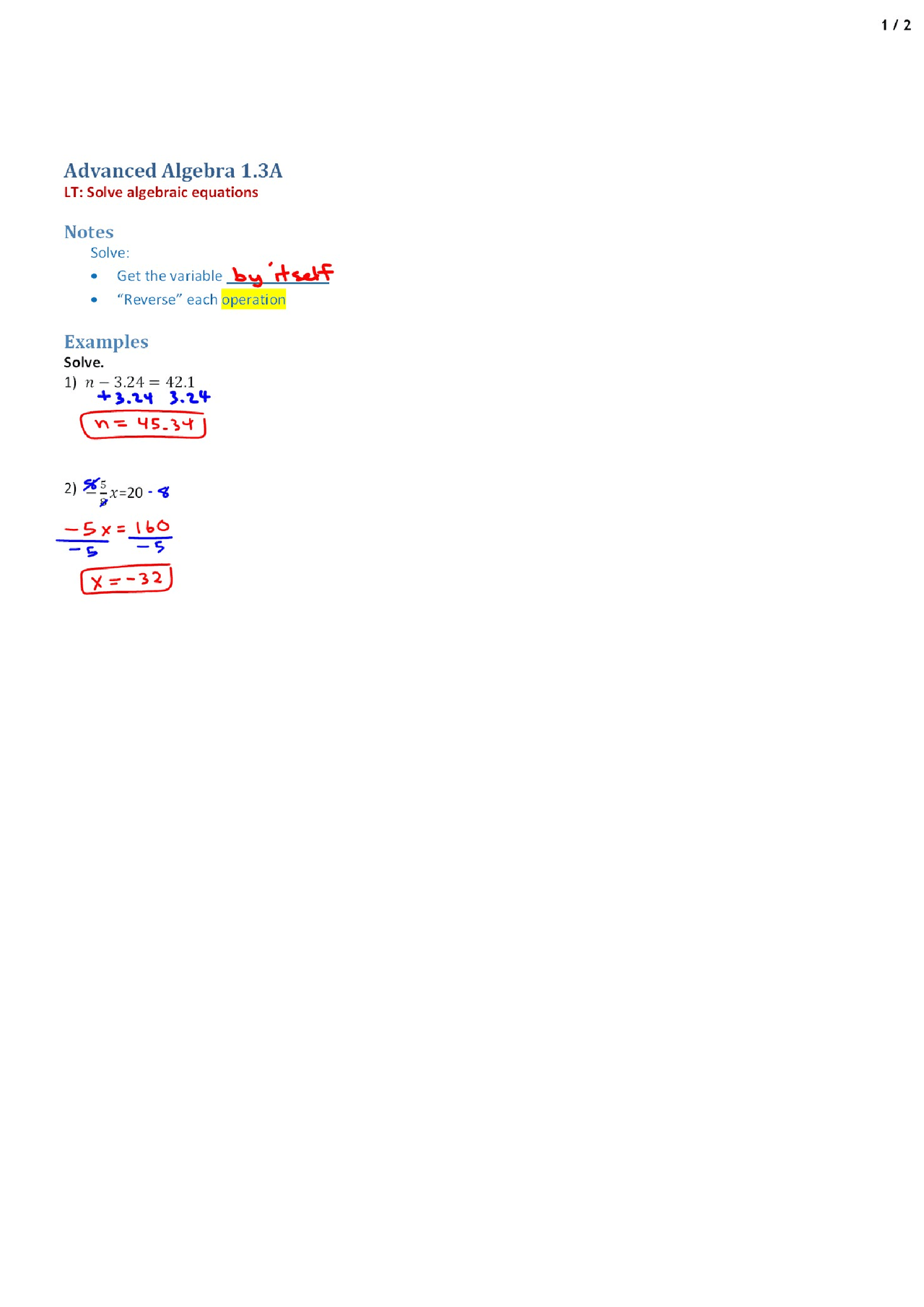 Reverse Advanced Algebra Lecture Handout Docsity
