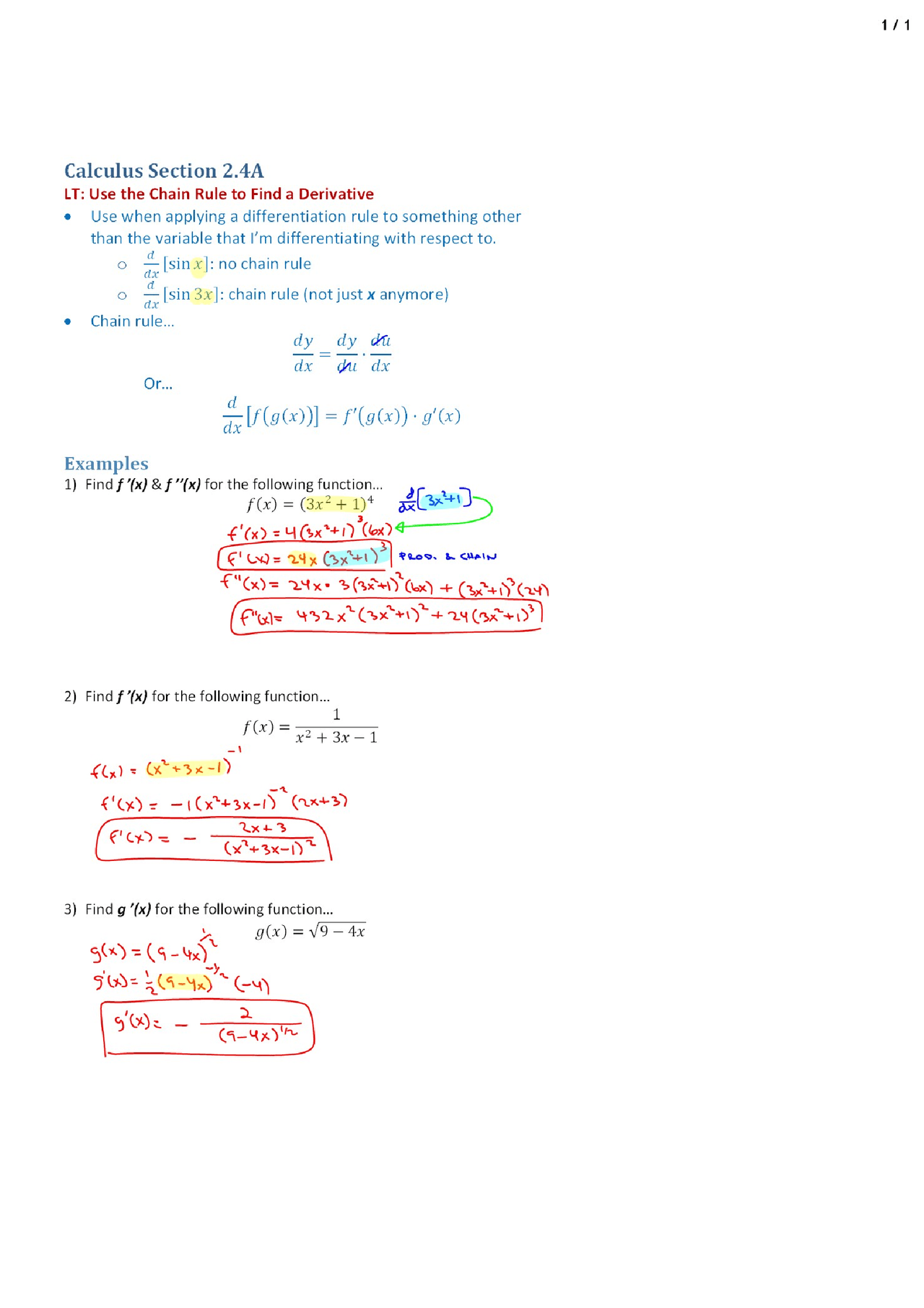 Chain Rule - AP Calculus - Lecture Notes | Study notes Calculus | Docsity