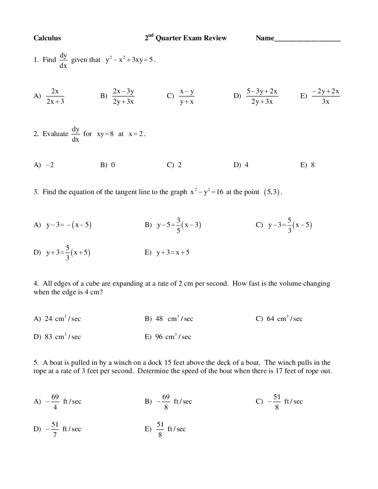 Quarter Review - AP Calculus - Exam - Docsity