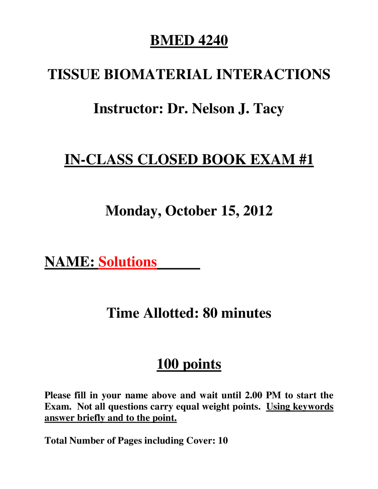 Exam 1 Solution Tissue Biomaterial Interactions Bmed 4240 Docsity