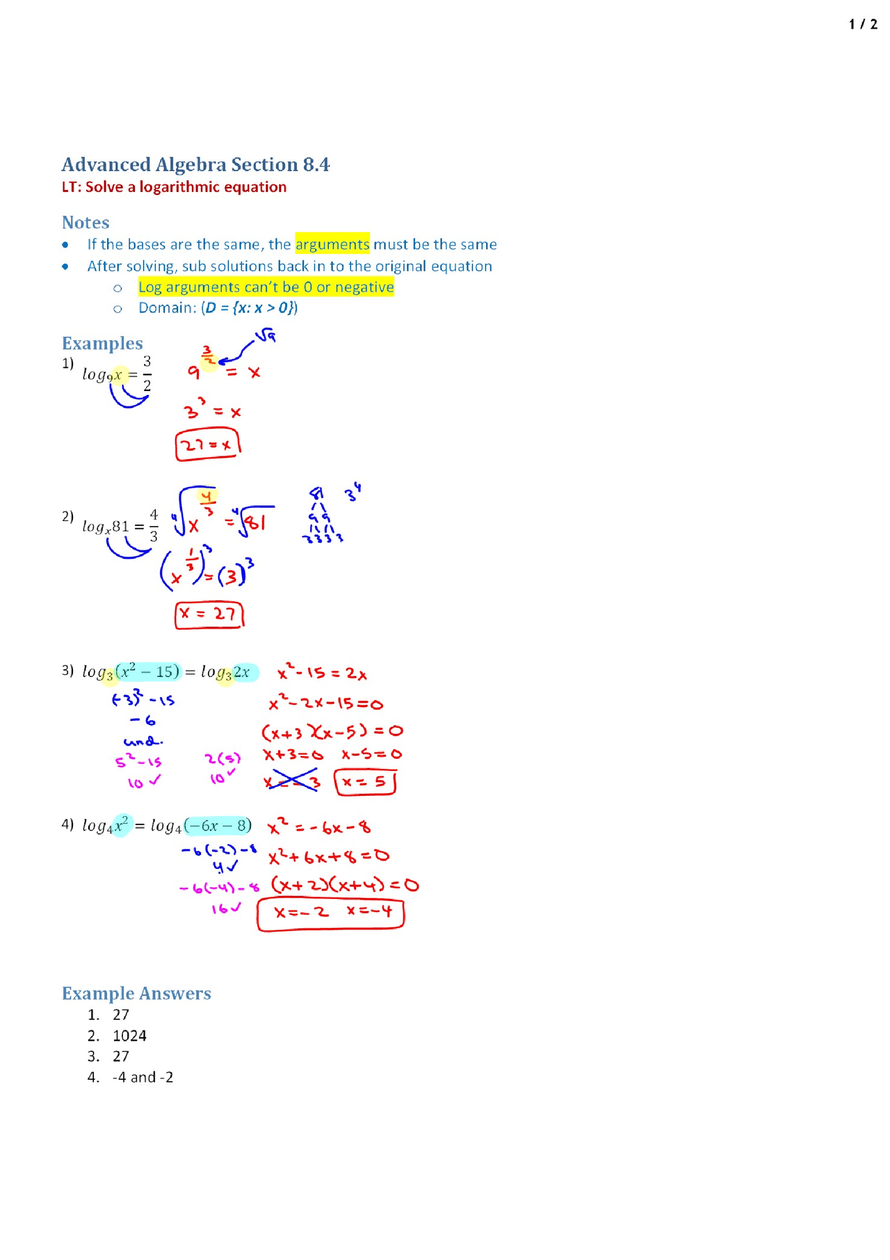 Negative Log Arguments - Advanced Algebra - Lecture Handout - Docsity