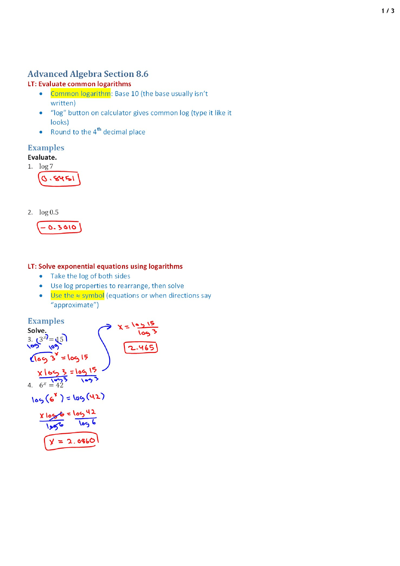 Common Logarithm Evaluations Advanced Algebra Lecture Handout Docsity
