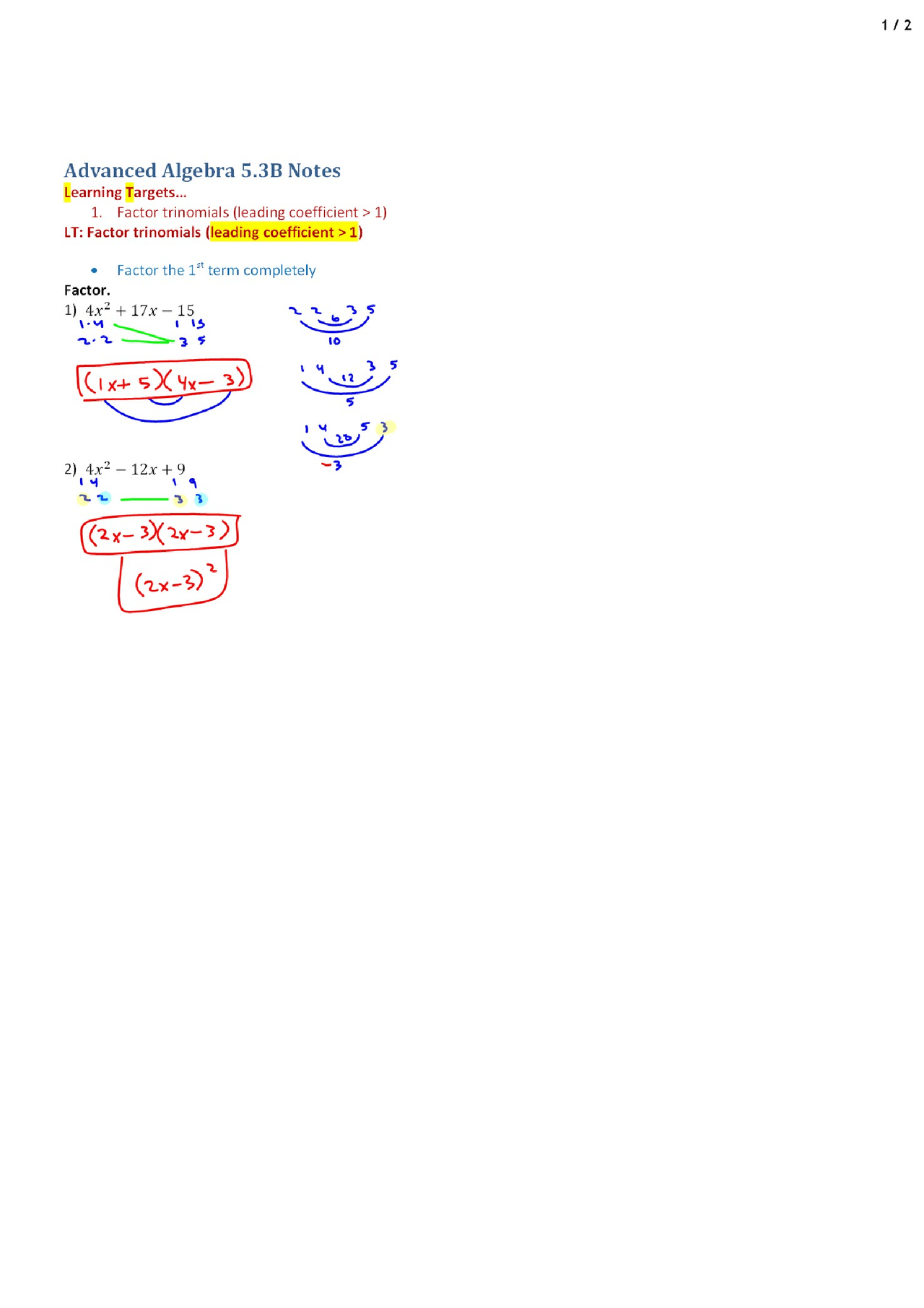 Leading Coefficients Advanced Algebra Lecture Handout Docsity