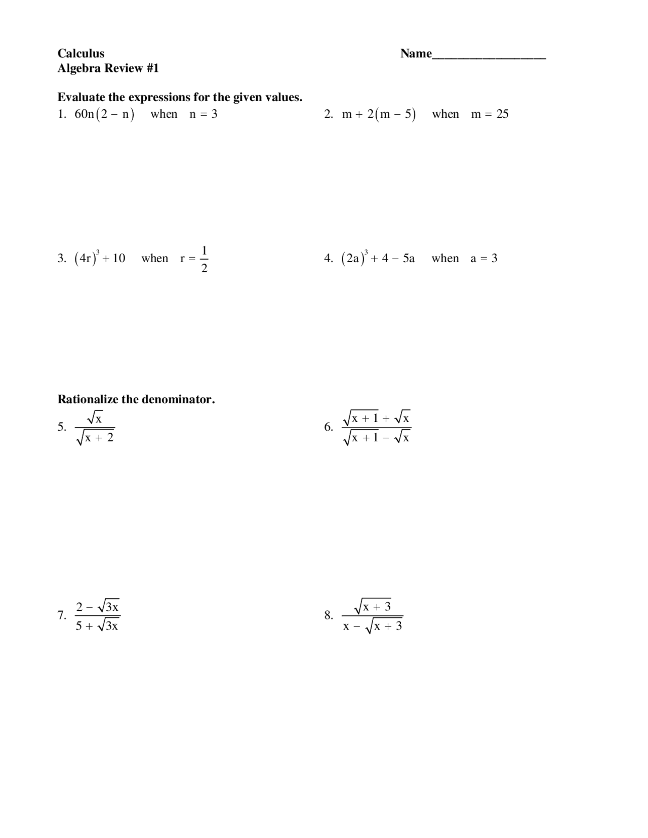Expression Evaluation Ap Calculus Practices Problems Docsity
