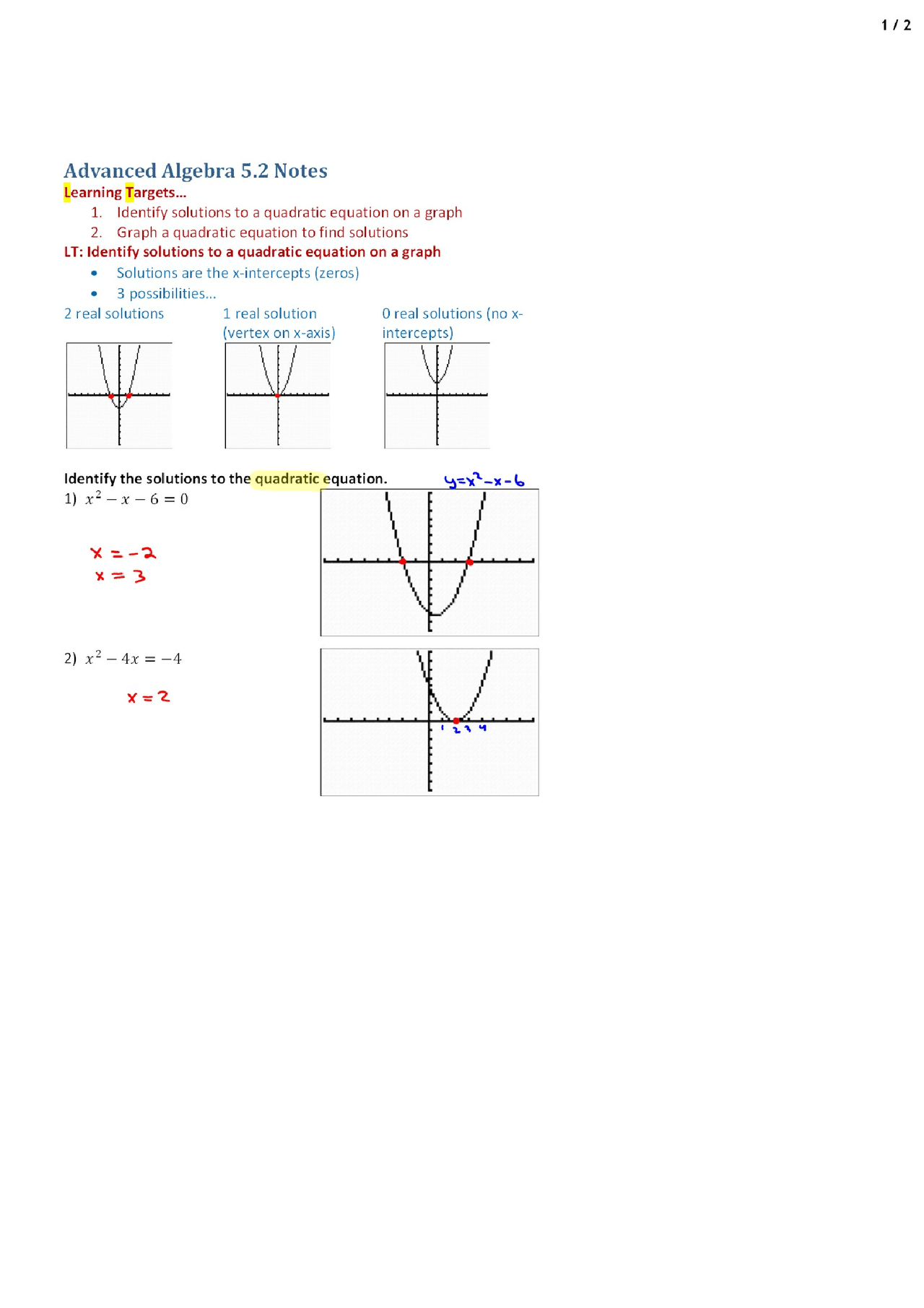 Quadratic Problem - Advanced Algebra - Lecture Handout - Docsity