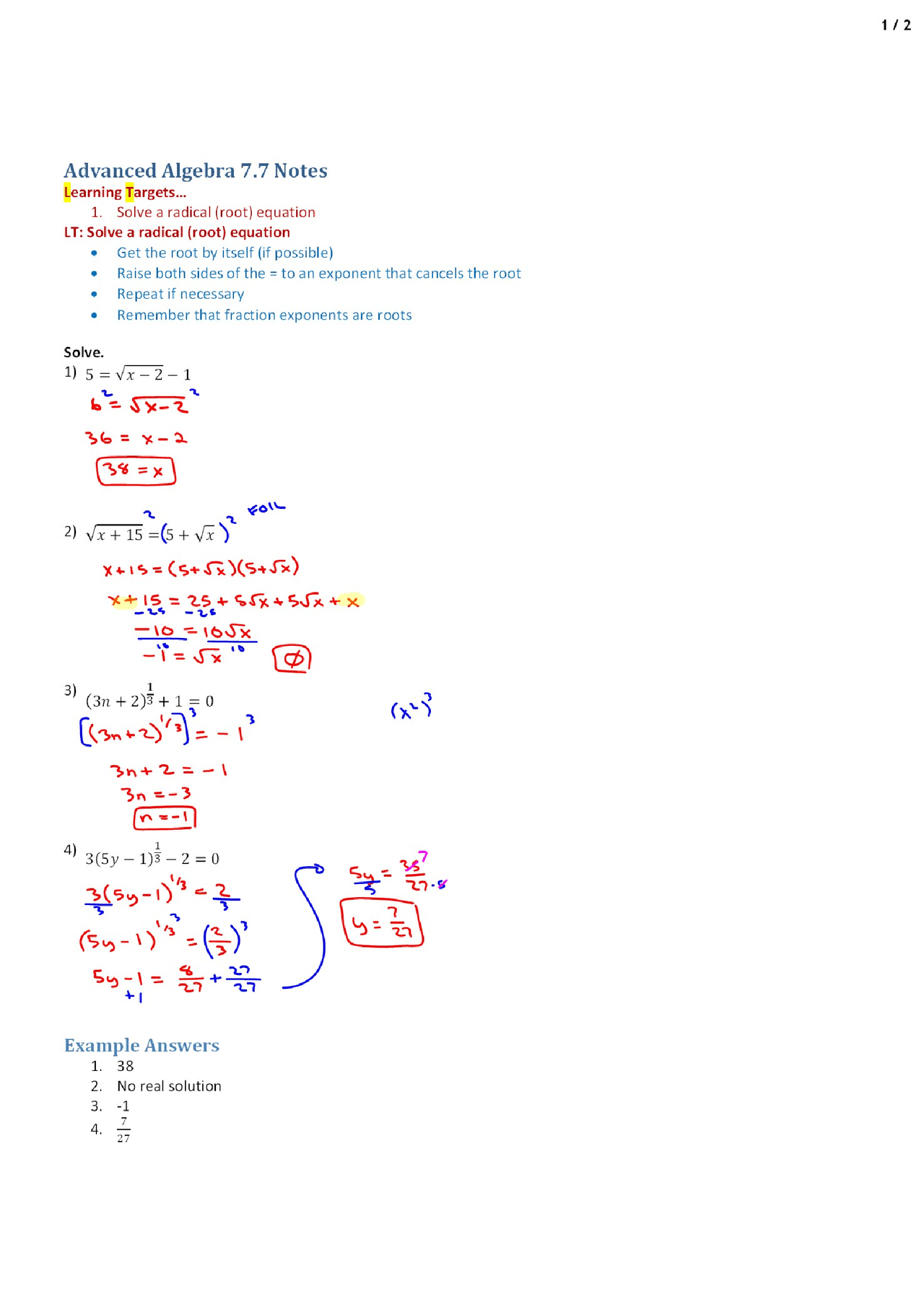 Radical Solutions Advanced Algebra Lecture Handout Docsity