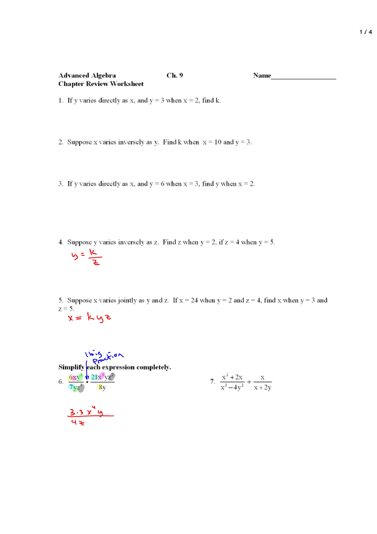 Proportional Functions Advanced Algebra Practice Problems Docsity