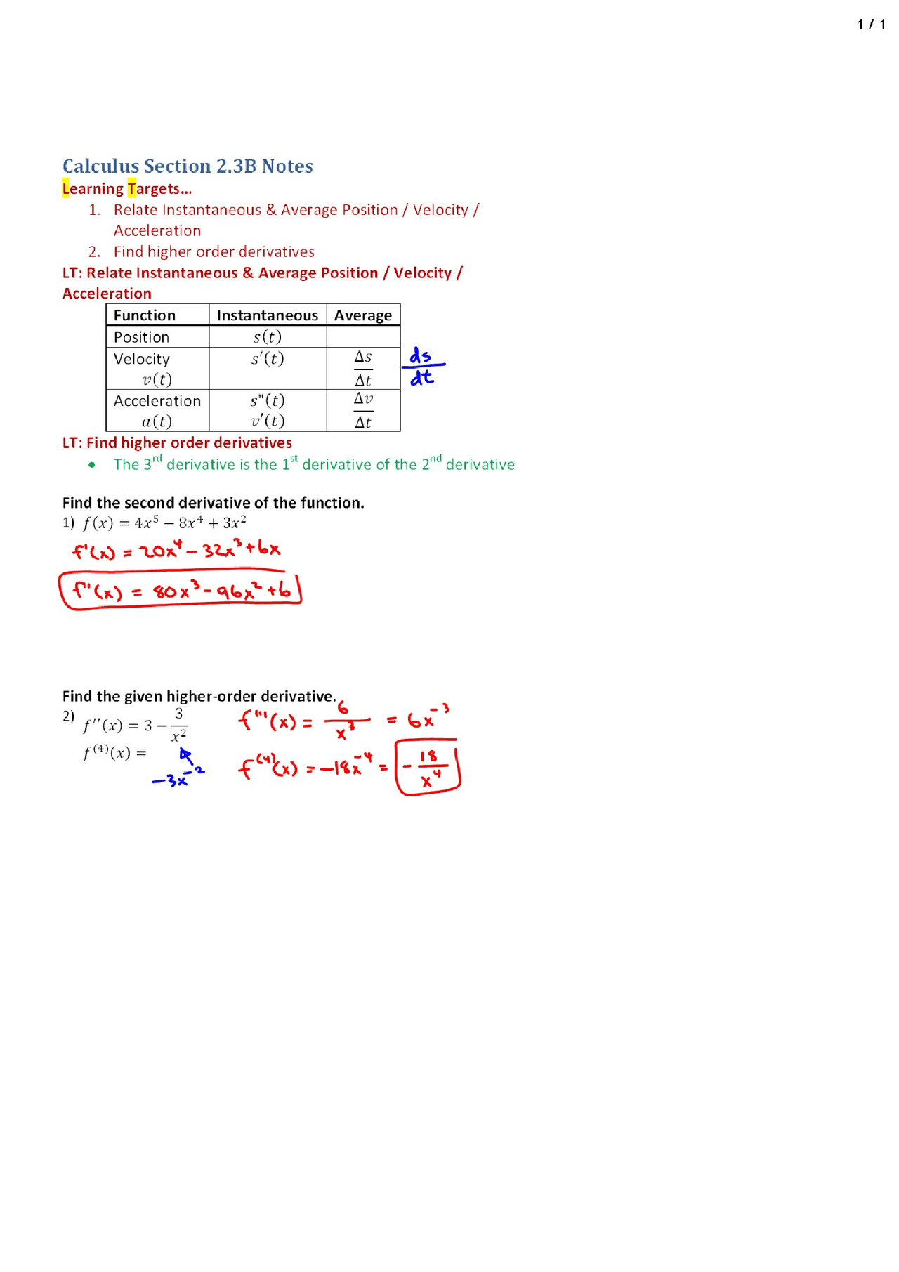 Higher Order Derivatives Ap Calculus Lecture Notes Docsity