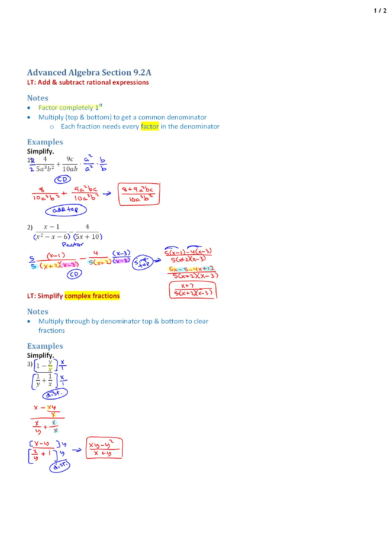 Common Denominator Advanced Algebra Lecture Handout Docsity