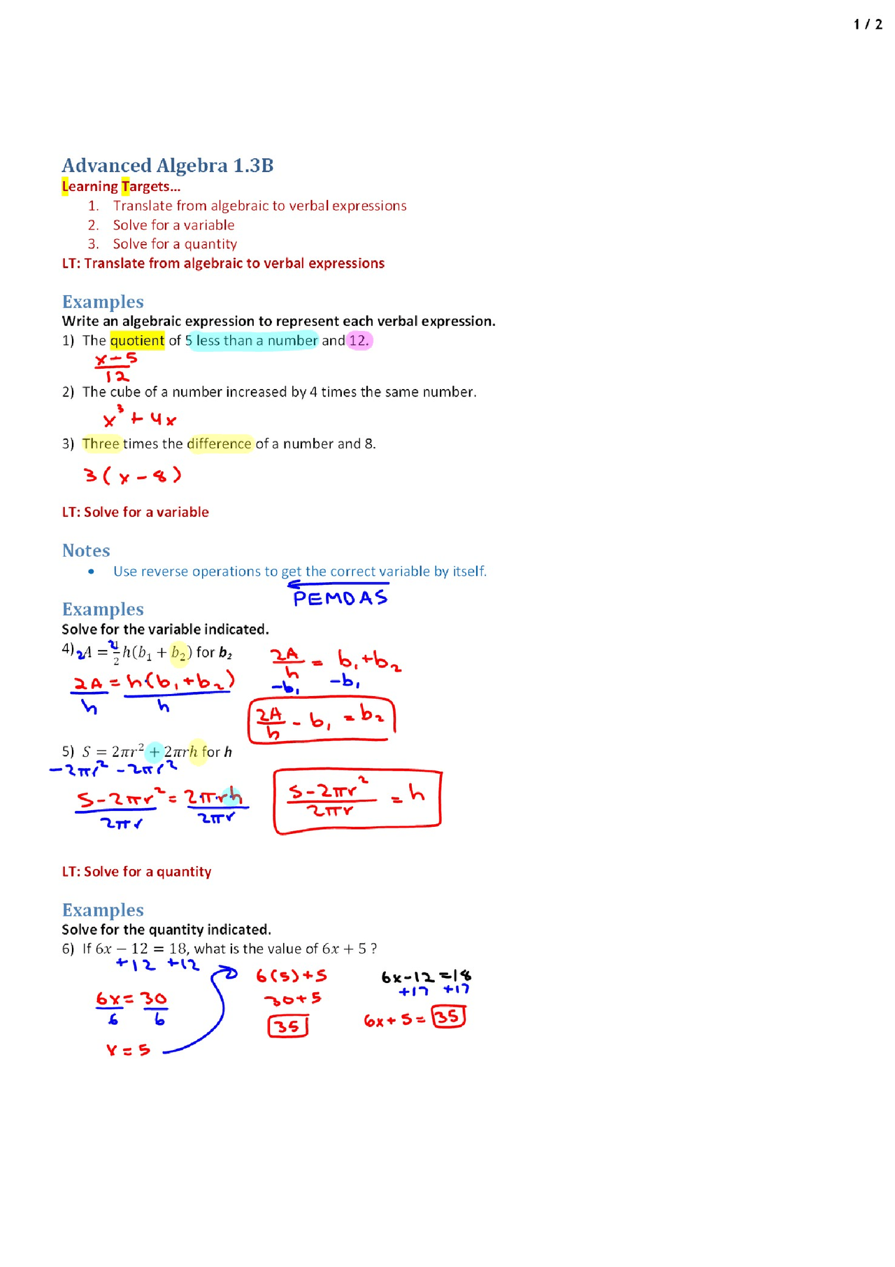 Quantity Advanced Algebra Lecture Handout Docsity