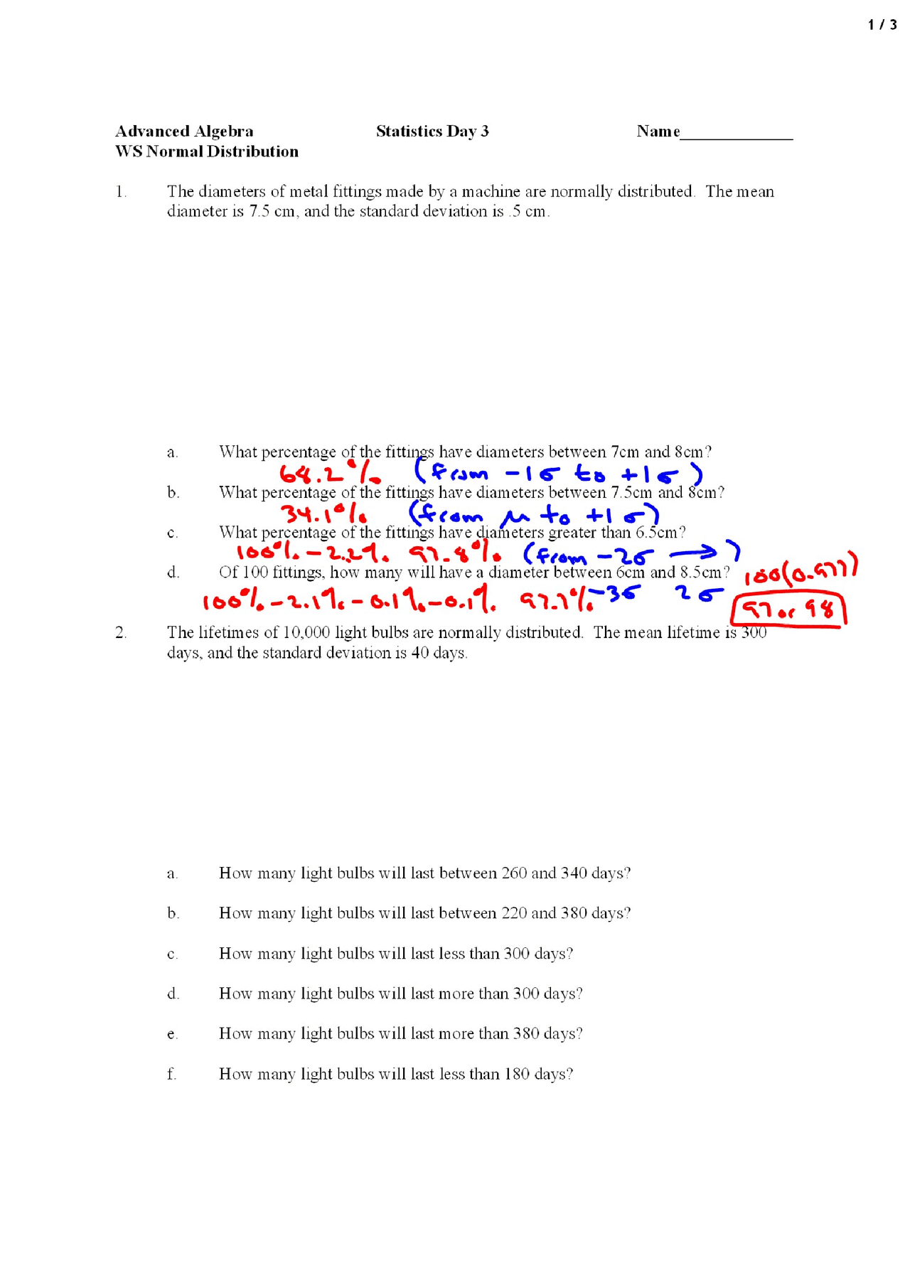 Normal Distribution Advanced Algebra Lecture Handout Docsity