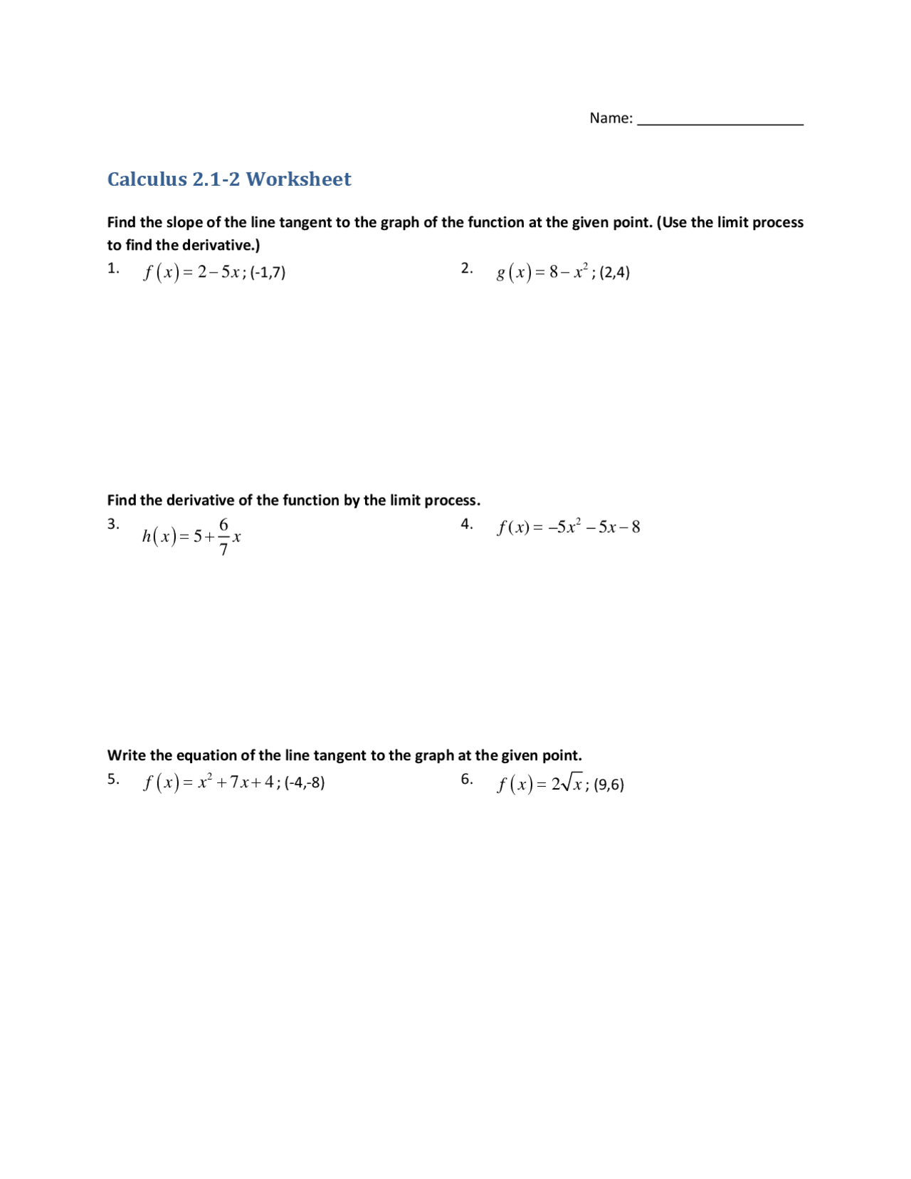 Slope of the Line - AP Calculus - Practices Problems - Docsity