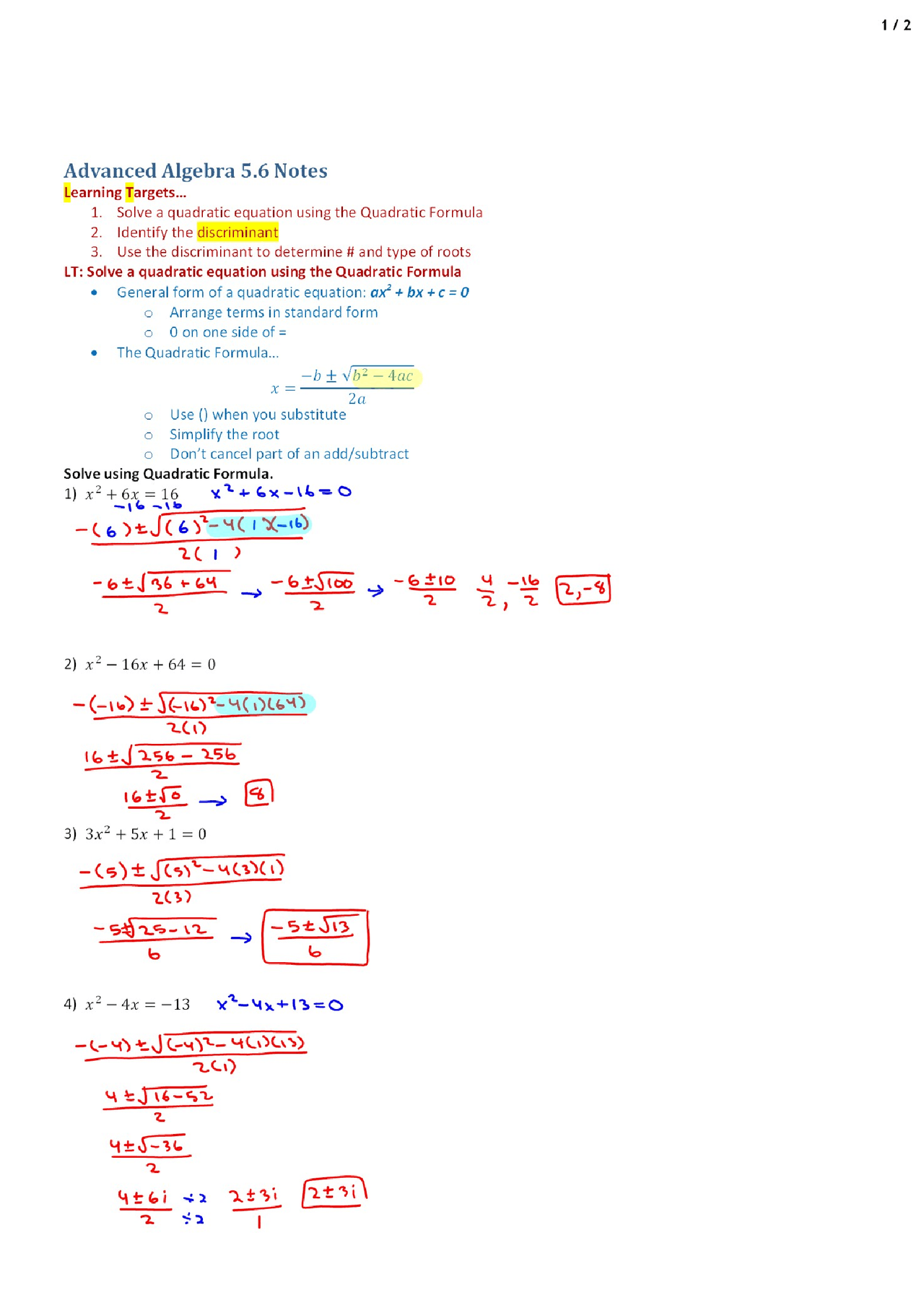 Discriminant Advanced Algebra Lecture Handout Docsity
