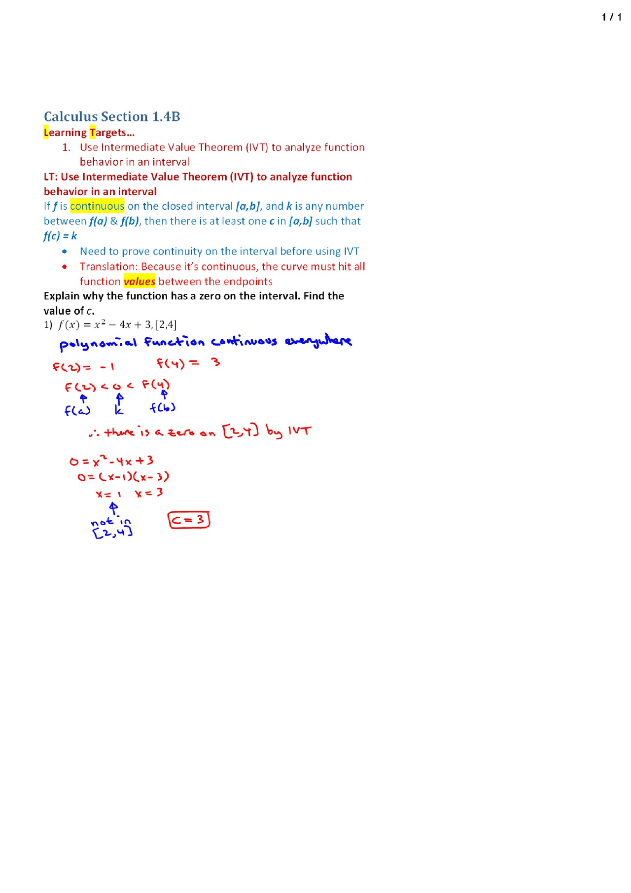 Intermediate Value Ap Calculus Lecture Notes Docsity