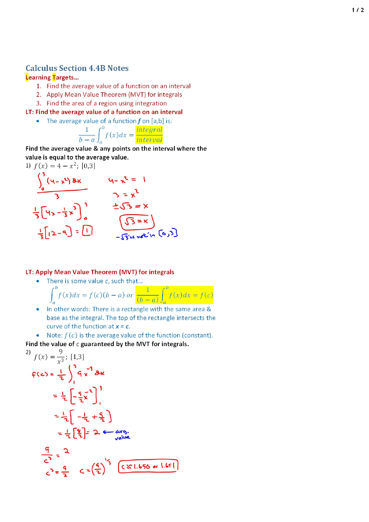 Mean Value Theorem - AP Calculus - Lecture Notes - Docsity