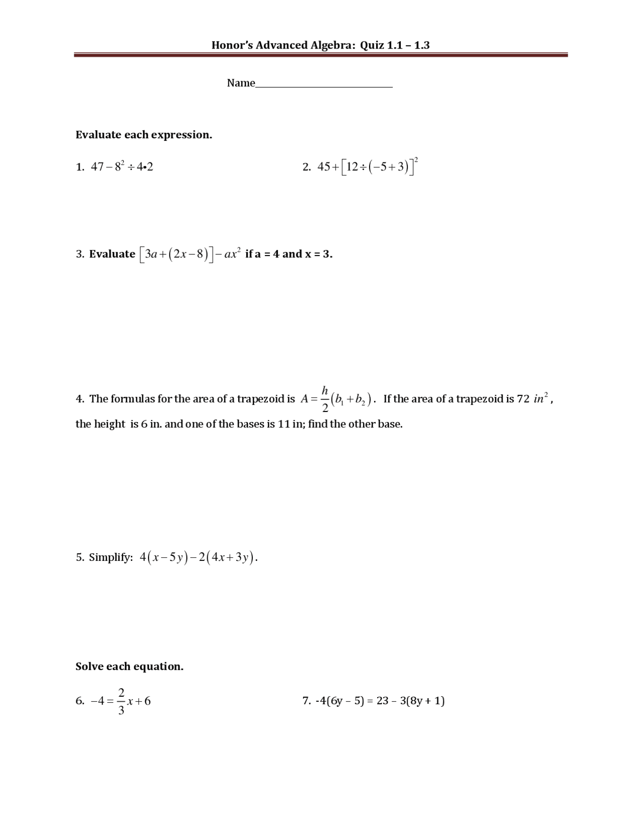 Double Division - Advanced Algebra - Quiz - Docsity
