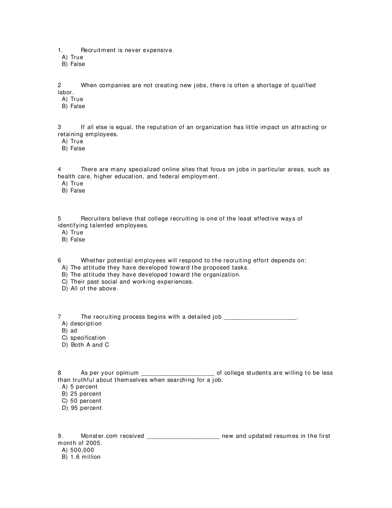 Recruitment - Human Resource Management - Quiz - Docsity
