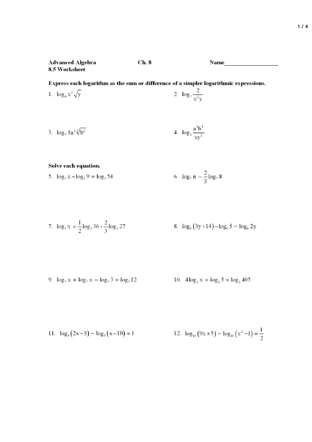 Simpler Logrithmic Expression Advanced Algebra Lecture Handout